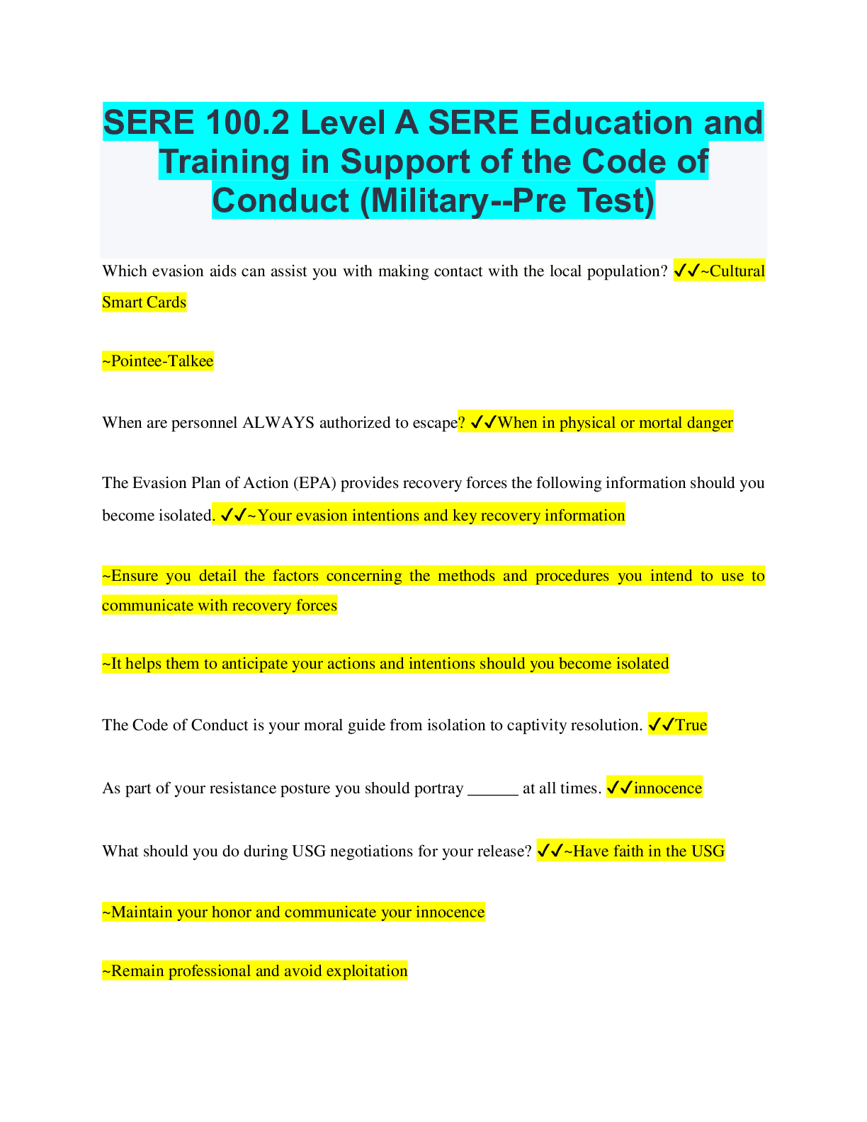 SERE 100.2 Level A SERE Education and Training in Support of the Code ...