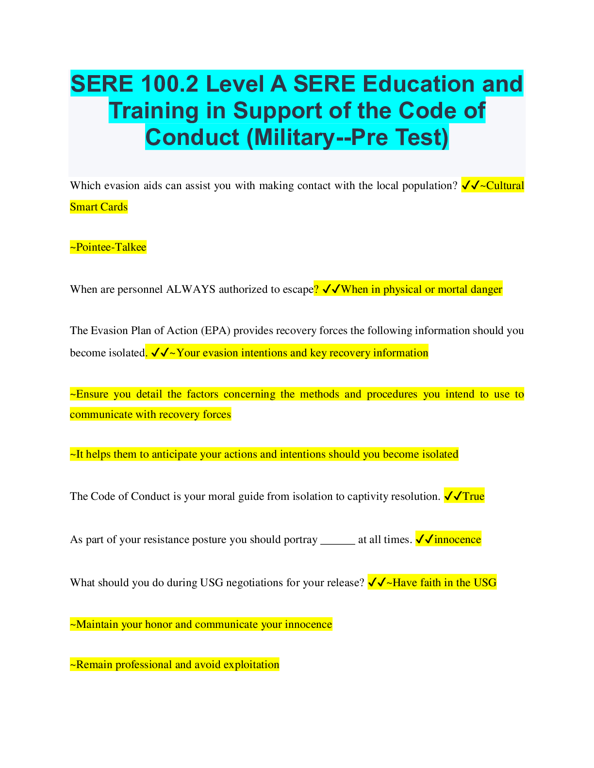 SERE 100.2 Level A SERE Education and Training in Support of the Code ...