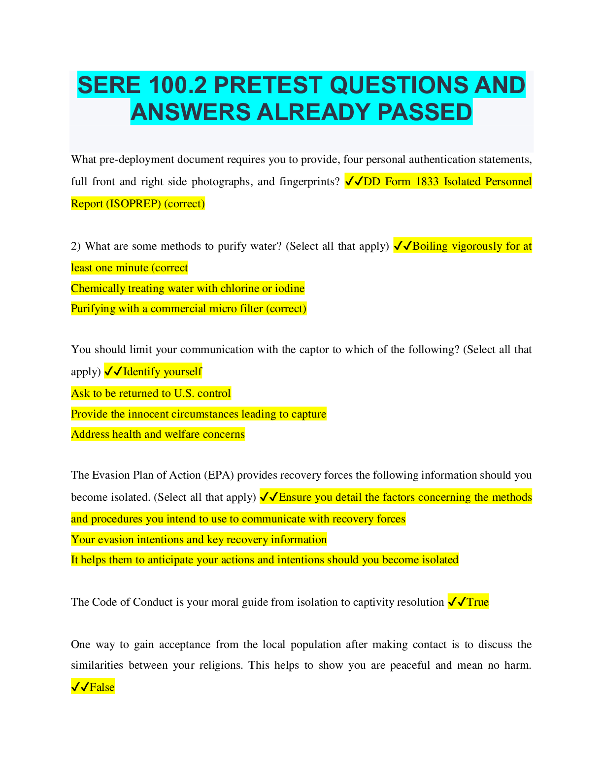 SERE 100.2 PRETEST QUESTIONS AND ANSWERS ALREADY PASSED - Scholarfriends