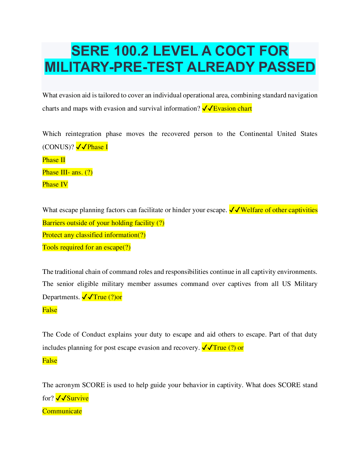 SERE 100.2 LEVEL A COCT FOR MILITARY-PRE-TEST ALREADY PASSED ...