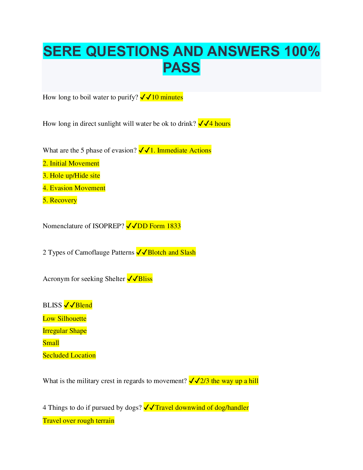 SERE QUESTIONS AND ANSWERS 100% PASS – Scholarfriends - Scholarfriends