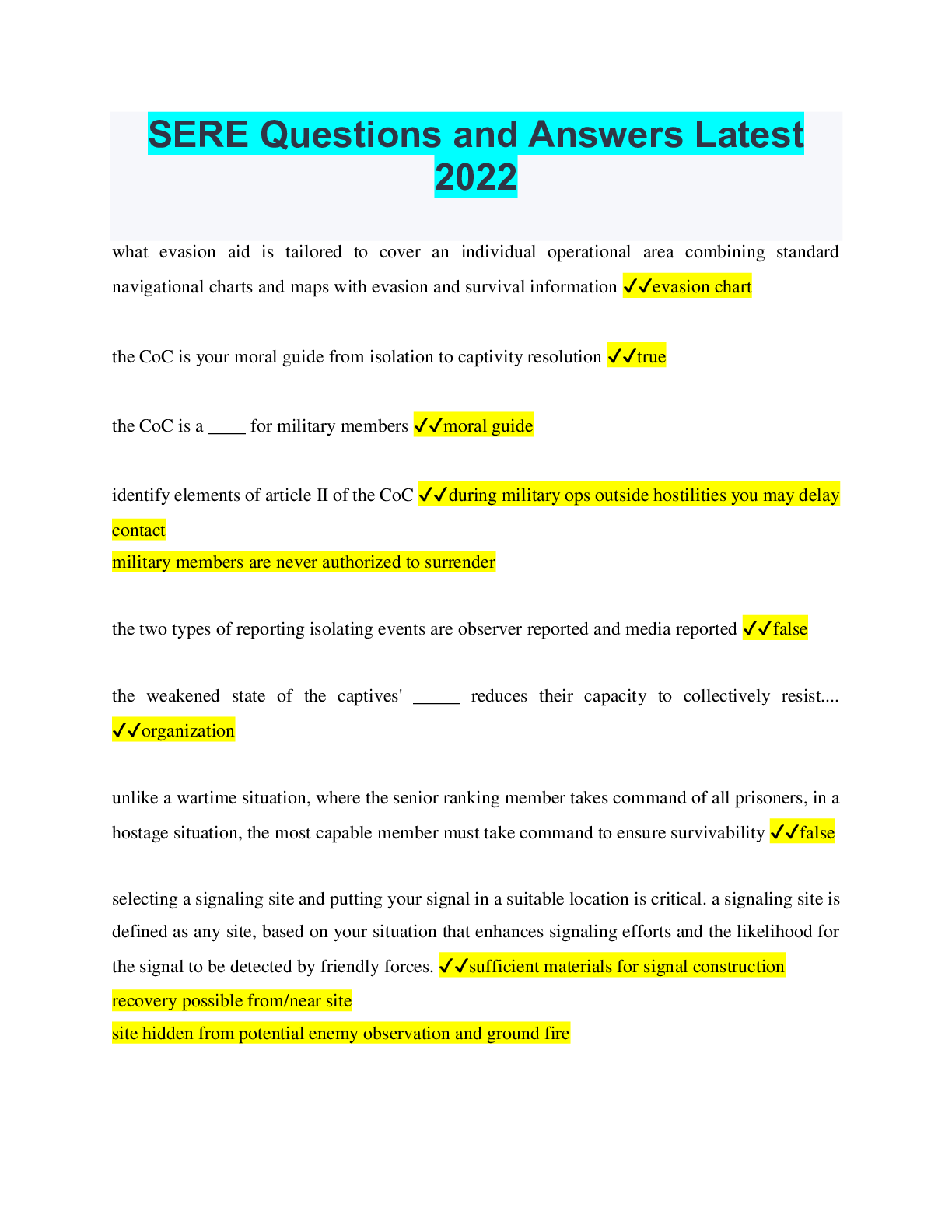 SERE Questions and Answers Latest 2022 - Scholarfriends