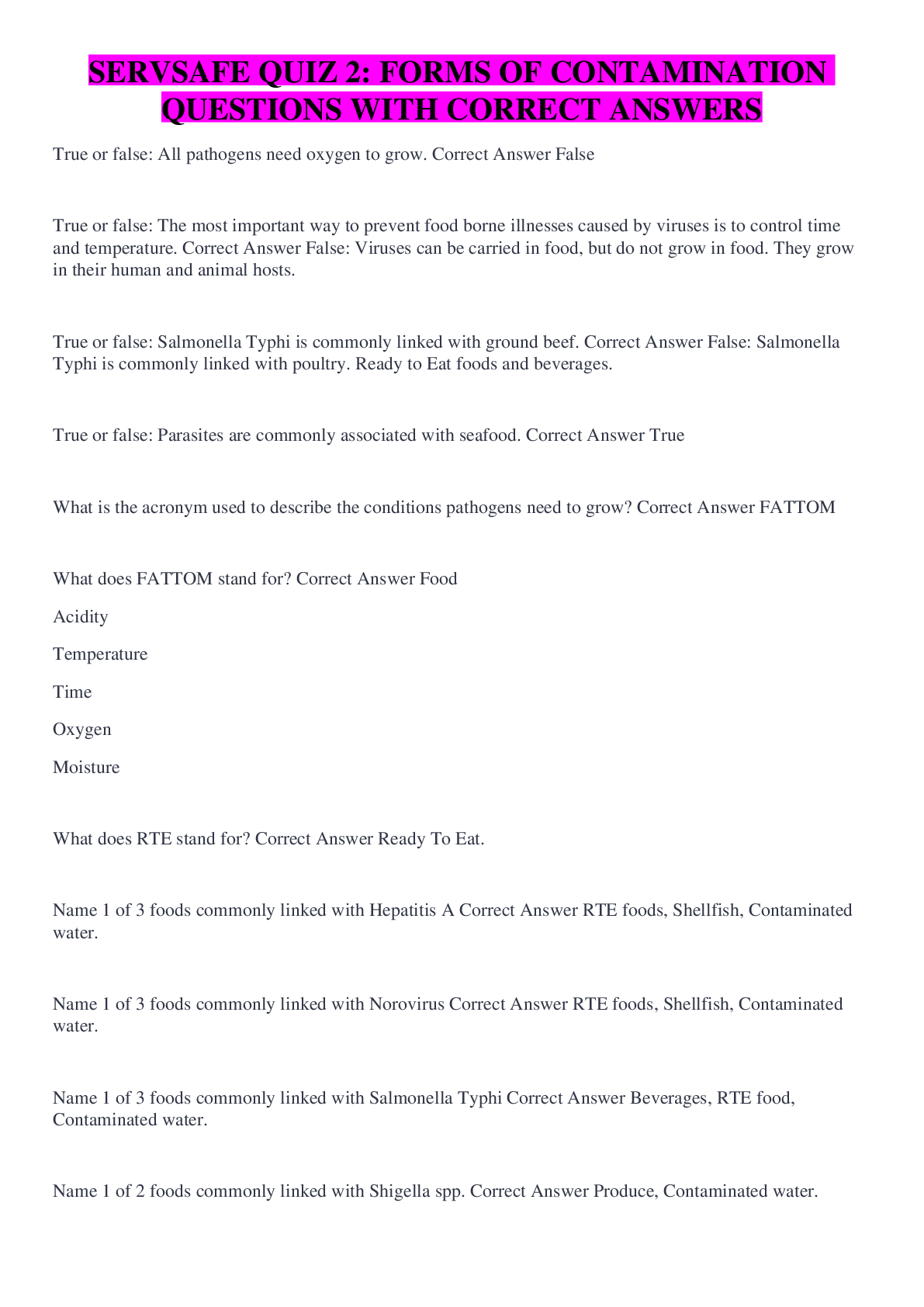 SERVSAFE QUIZ 2: FORMS OF CONTAMINATION QUESTIONS WITH CORRECT ANSWERS ...