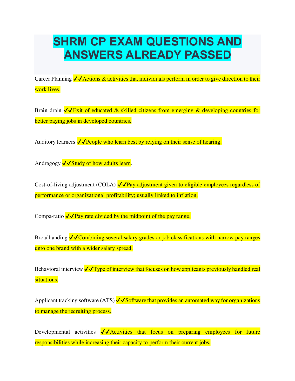 SHRM CP EXAM QUESTIONS AND ANSWERS ALREADY PASSED - Scholarfriends
