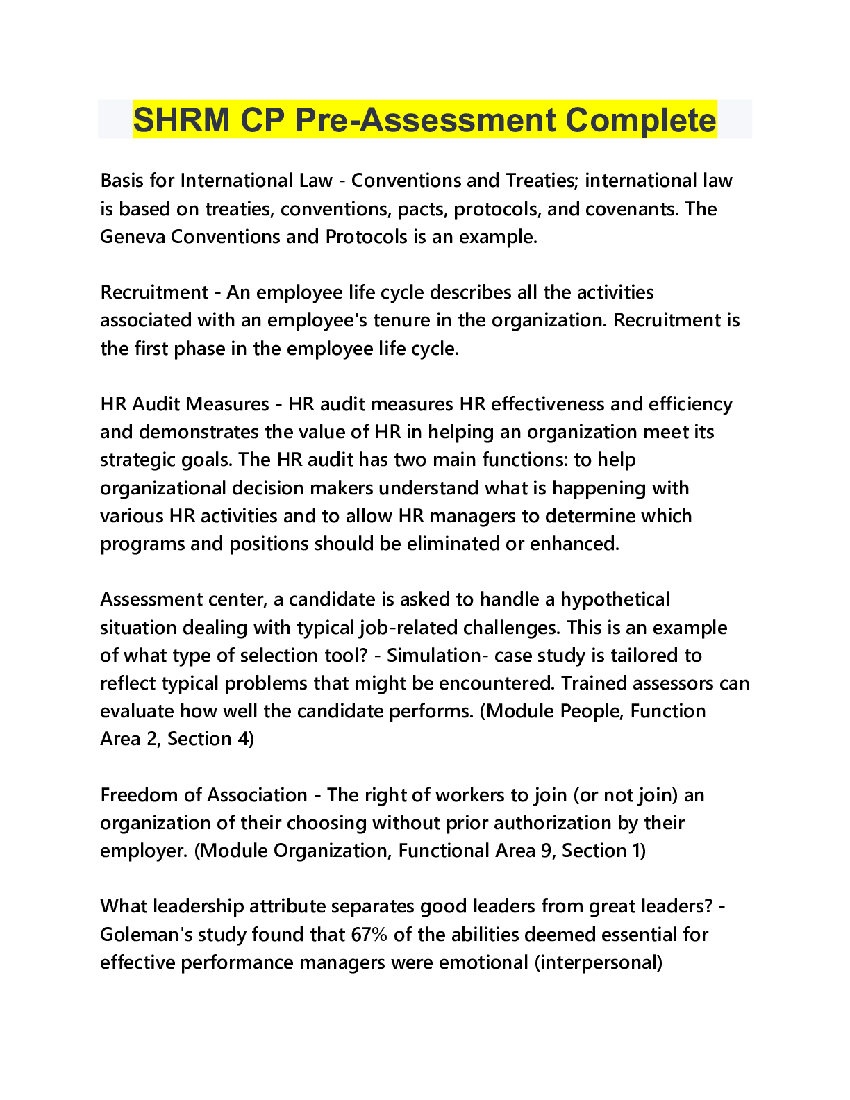 SHRM CP Pre-Assessment Complete A+ level distinction guide_ 2022 ...