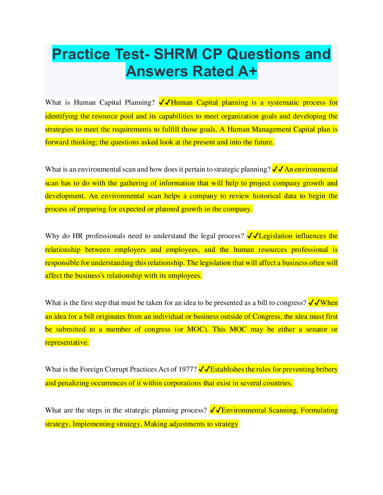 Practice Test- SHRM CP Questions and Answers Rated A+ - Scholarfriends