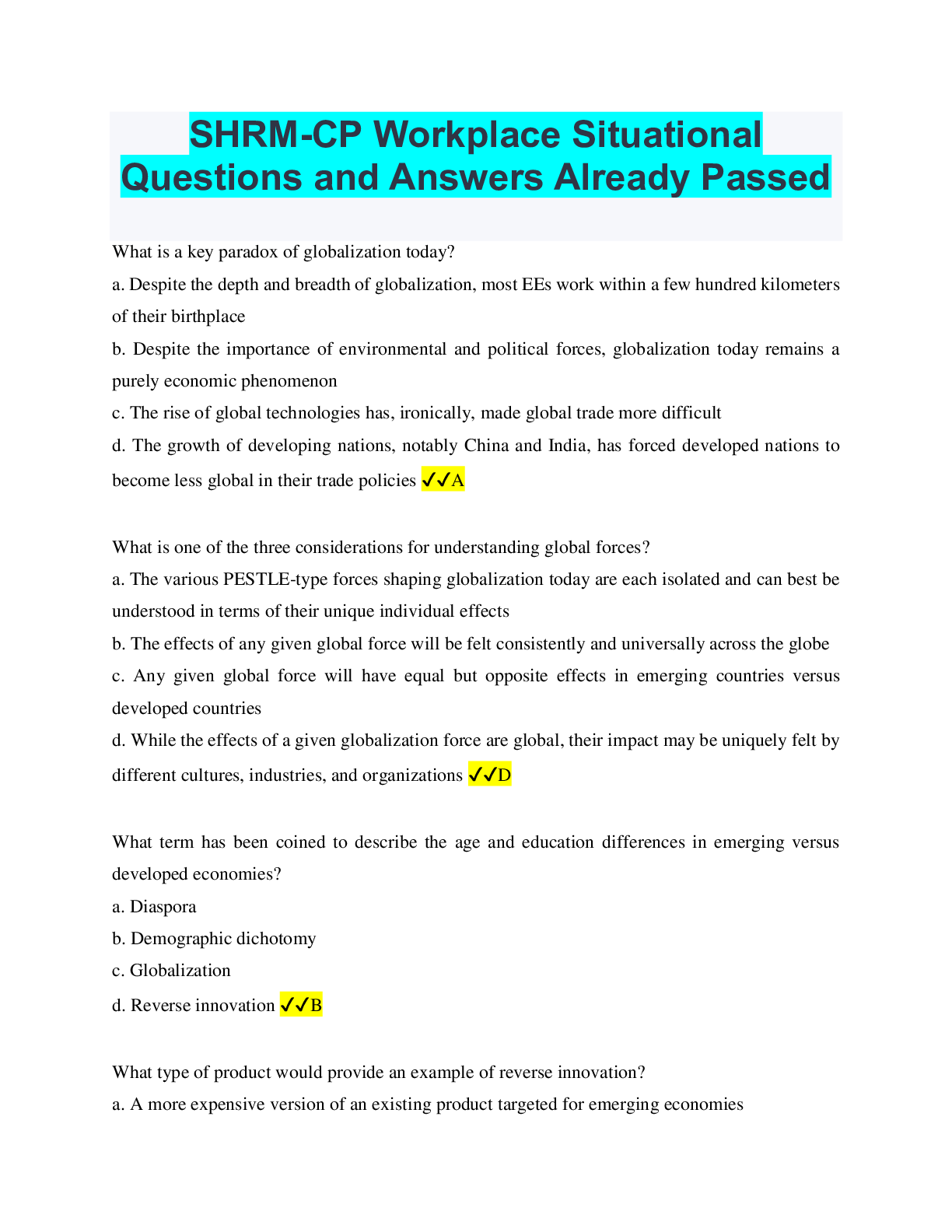SHRM-CP Workplace Situational Questions and Answers Already Passed ...