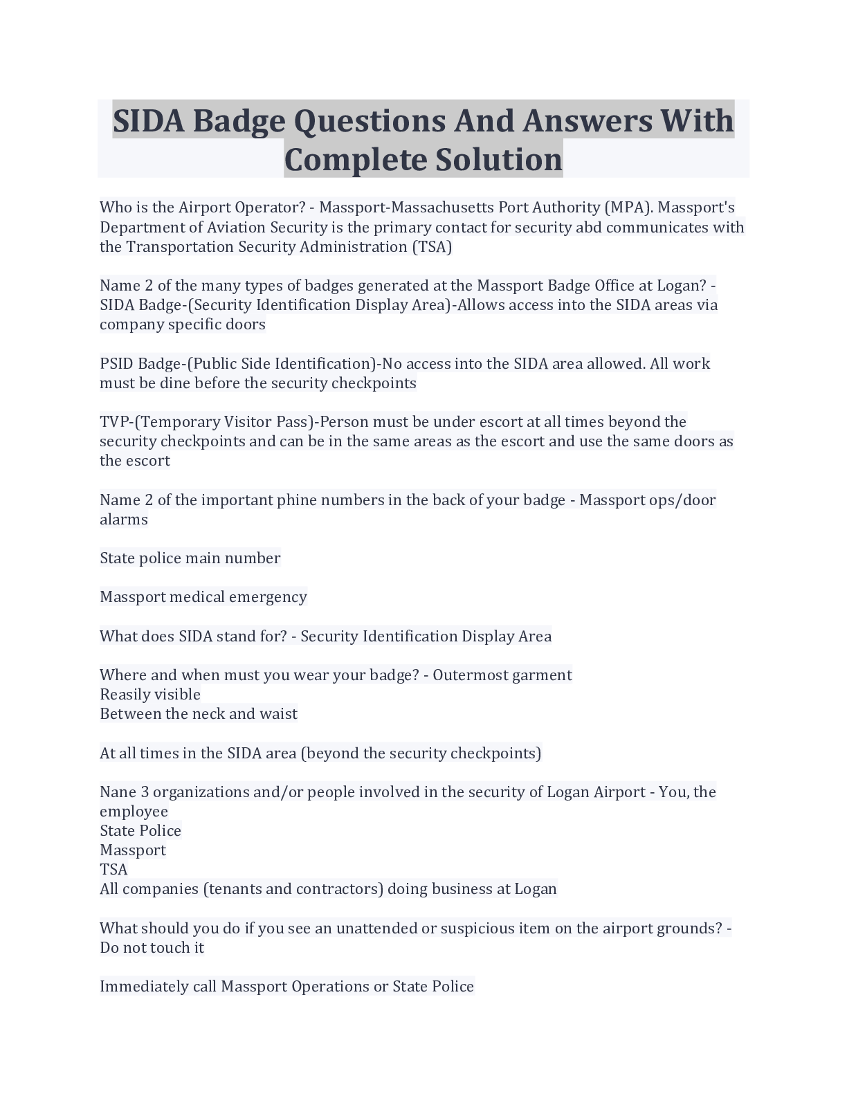 SIDA Badge Questions And Answers With Complete Solution ...