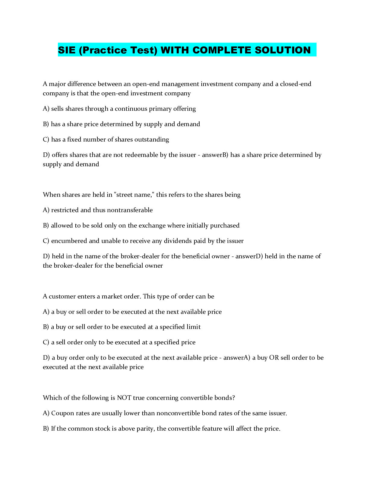 SIE (Practice Test) WITH COMPLETE SOLUTION - Scholarfriends