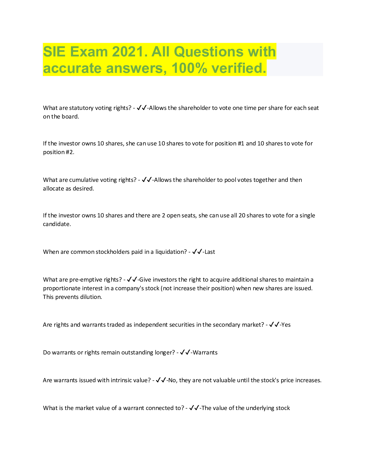 SIE Exam 2021. All Questions with accurate answers, 100% verified ...