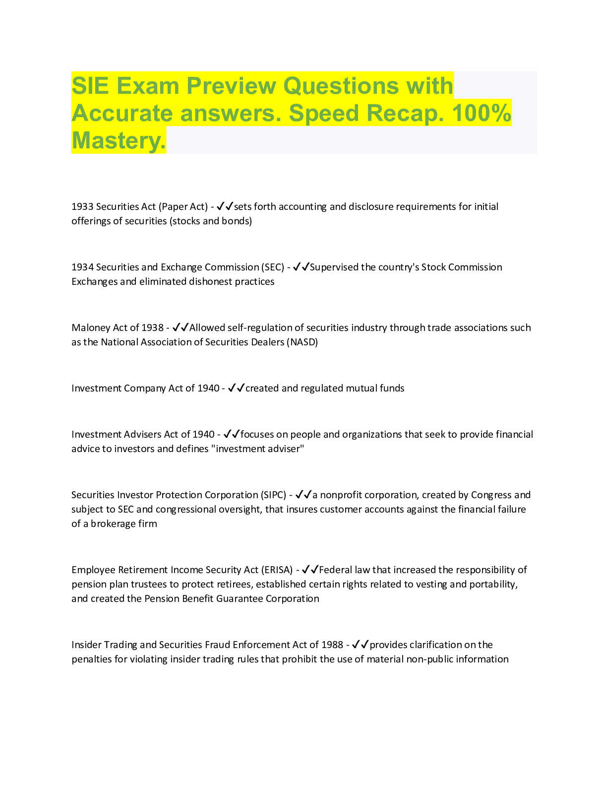 SIE Exam Preview Questions with Accurate answers. Speed Recap. 100% ...