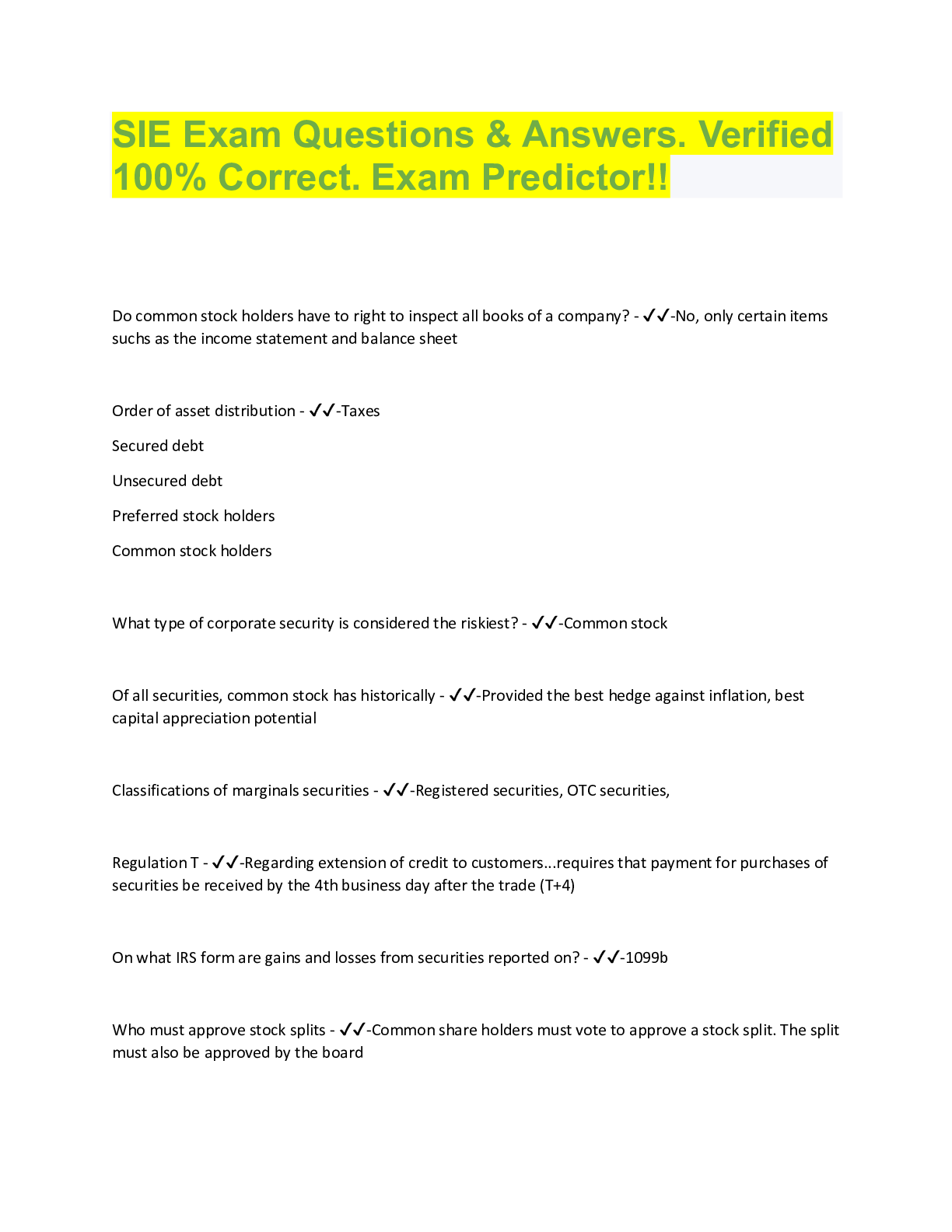 SIE Exam Questions & Answers. Verified 100% Correct. Exam Predictor ...