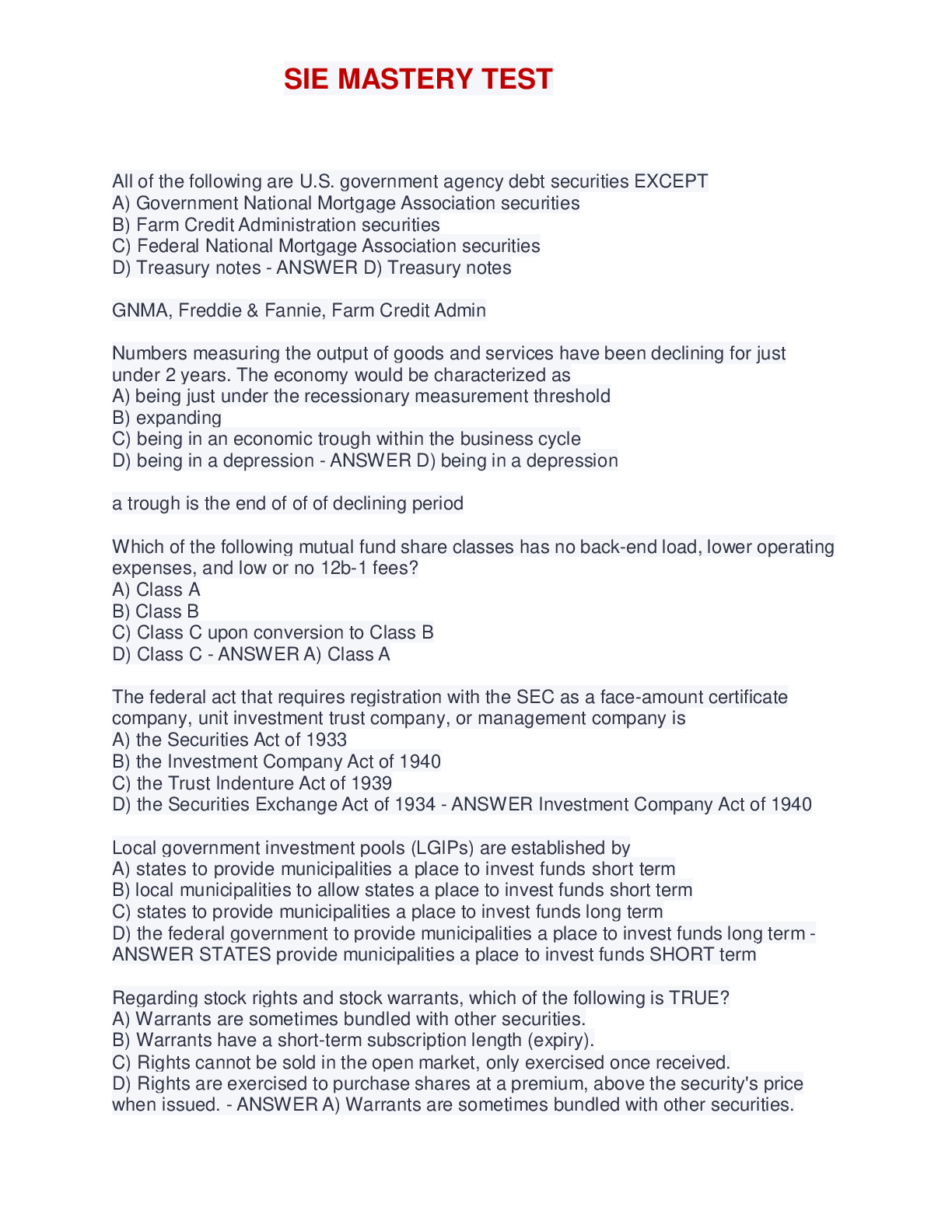 SIE MASTERY TEST - QUESTIONS, ANSWERS AND RATIONALES - Scholarfriends