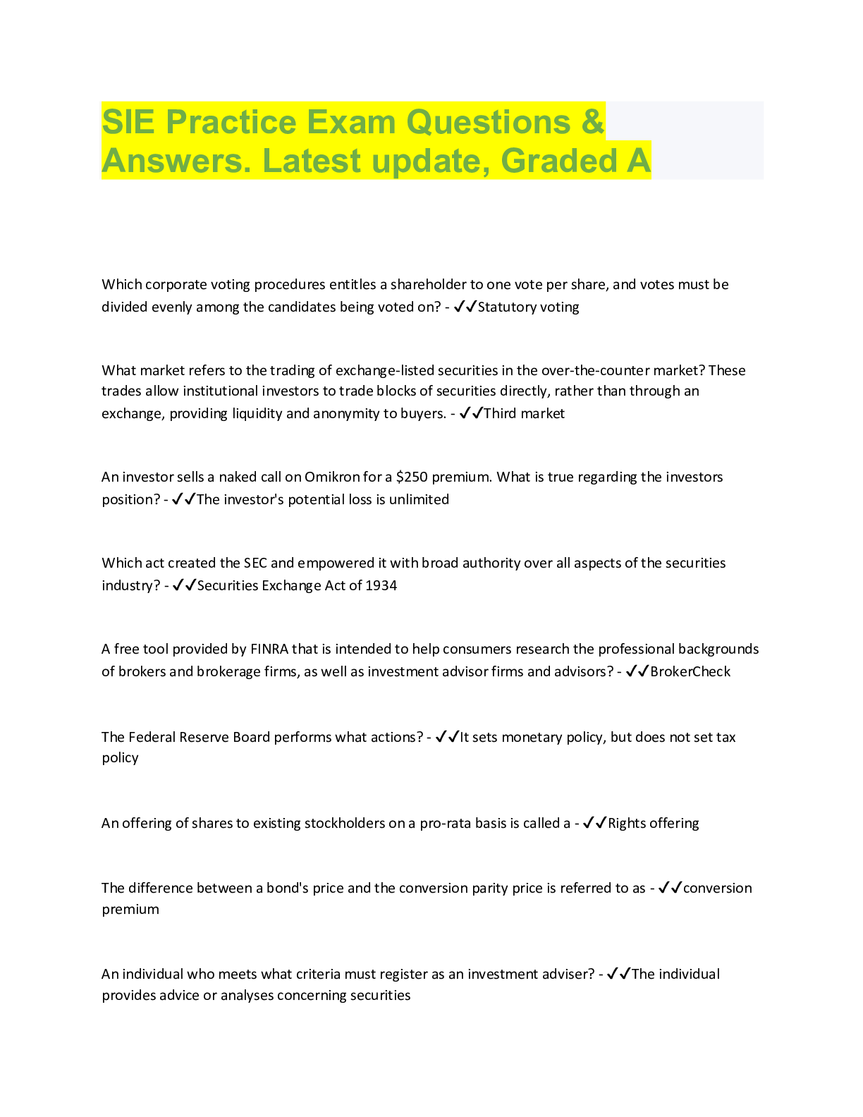 SIE Practice Exam Questions & Answers. Latest update, Graded A ...