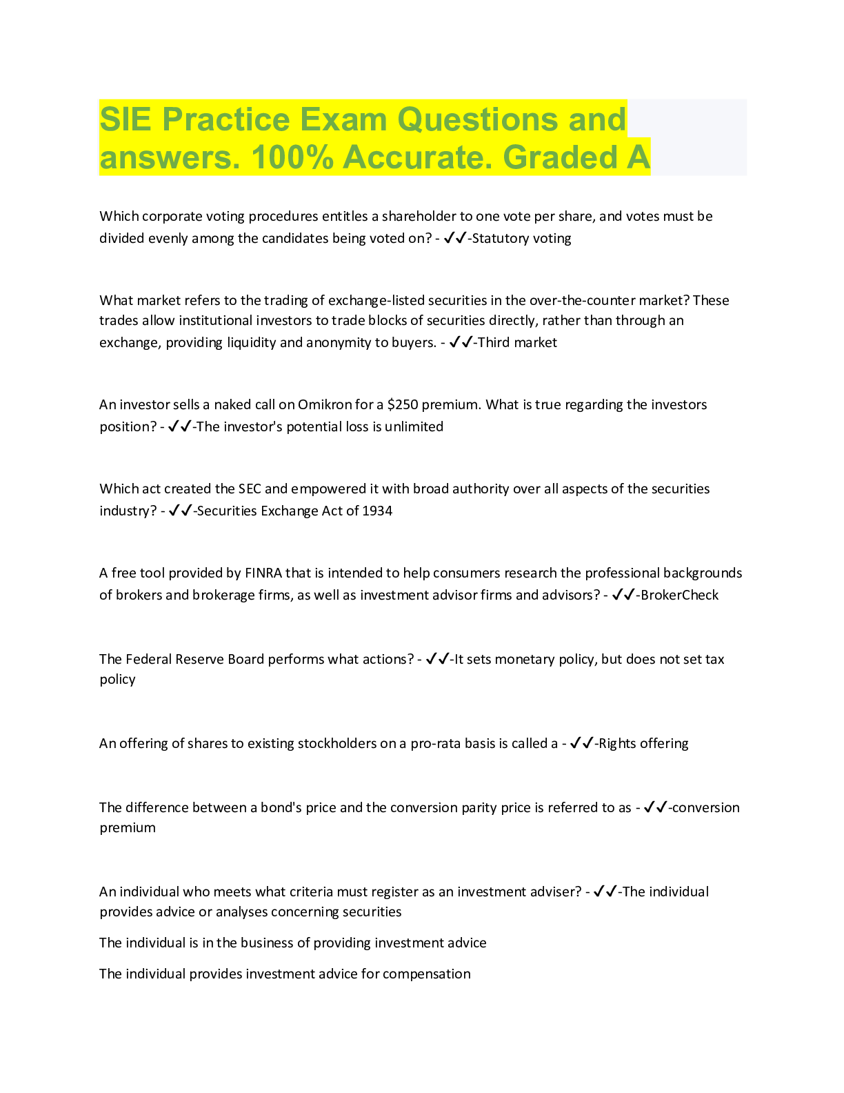 SIE Practice Exam Questions and answers. 100% Accurate. Graded A ...