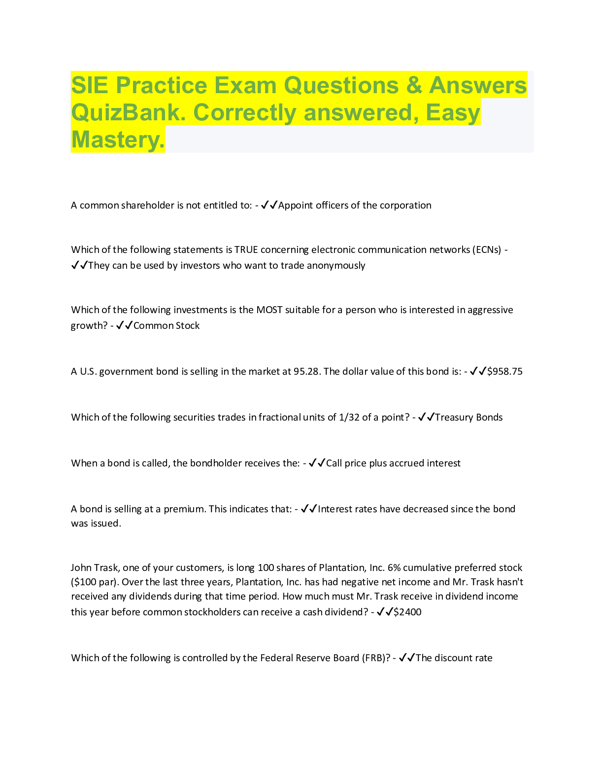 SIE Practice Exam Questions & Answers QuizBank. Correctly answered ...
