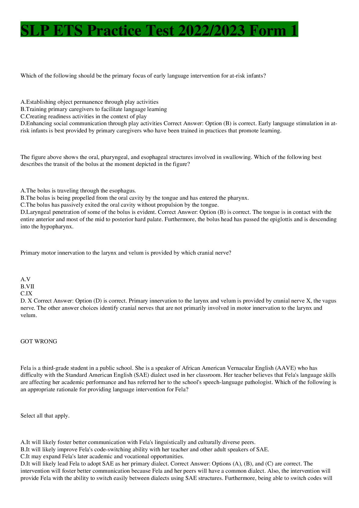 SLP ETS Practice Test 2022/2023 Form 1 QUESTIONS AND ANSWERS WITH ...