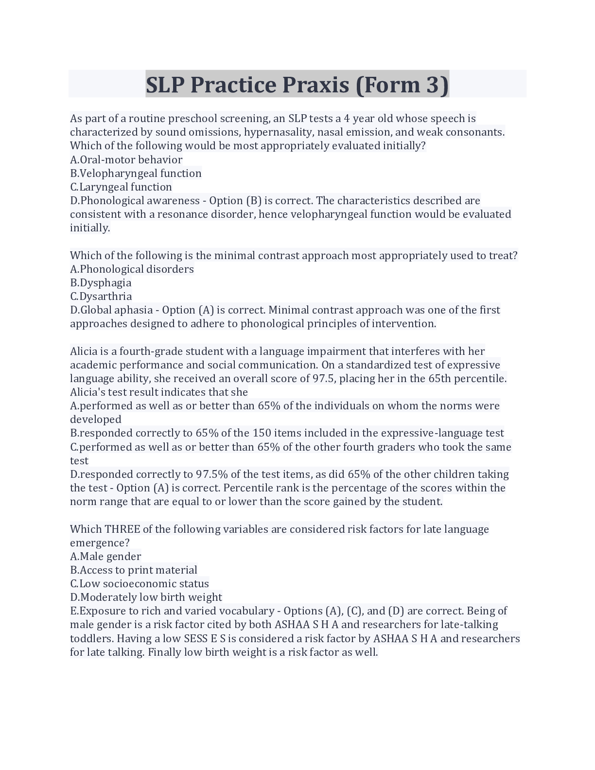 100% Correct SLP Praxis Practice (Form 3) - Scholarfriends