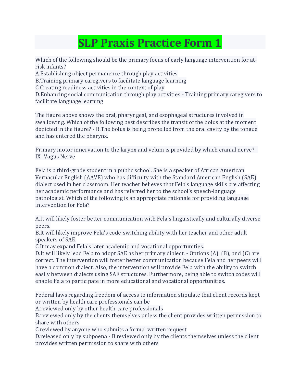 SLP Praxis Practice Form 1 Questions And Answers With Complete Solution ...