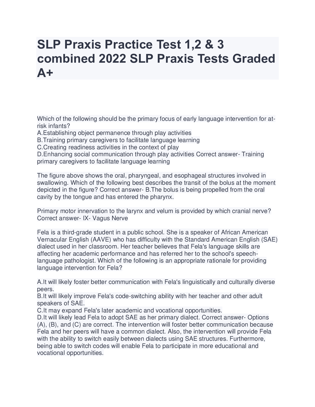 SLP Praxis Practice Test 1,2 & 3 combined 2022 SLP Praxis Tests Graded ...