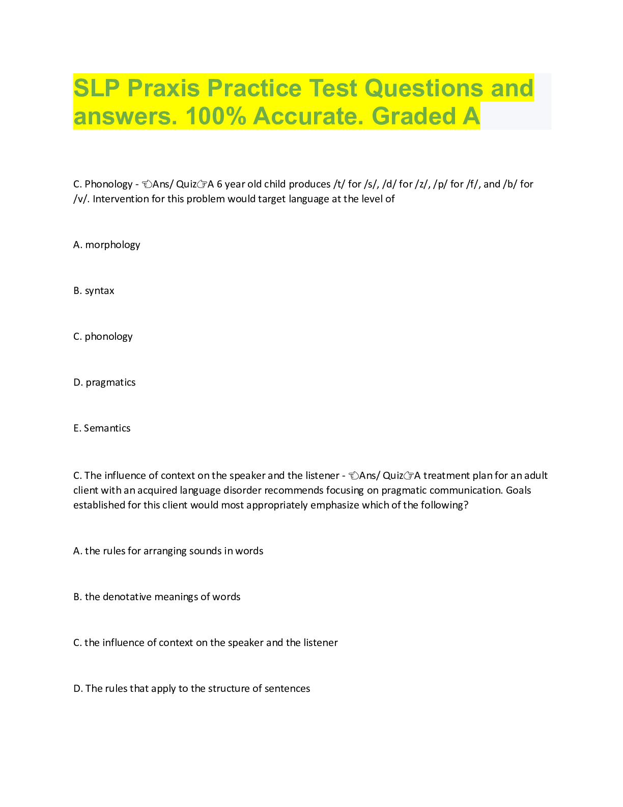 SLP Praxis Practice Test Questions and answers. 100% Accurate. Graded A ...