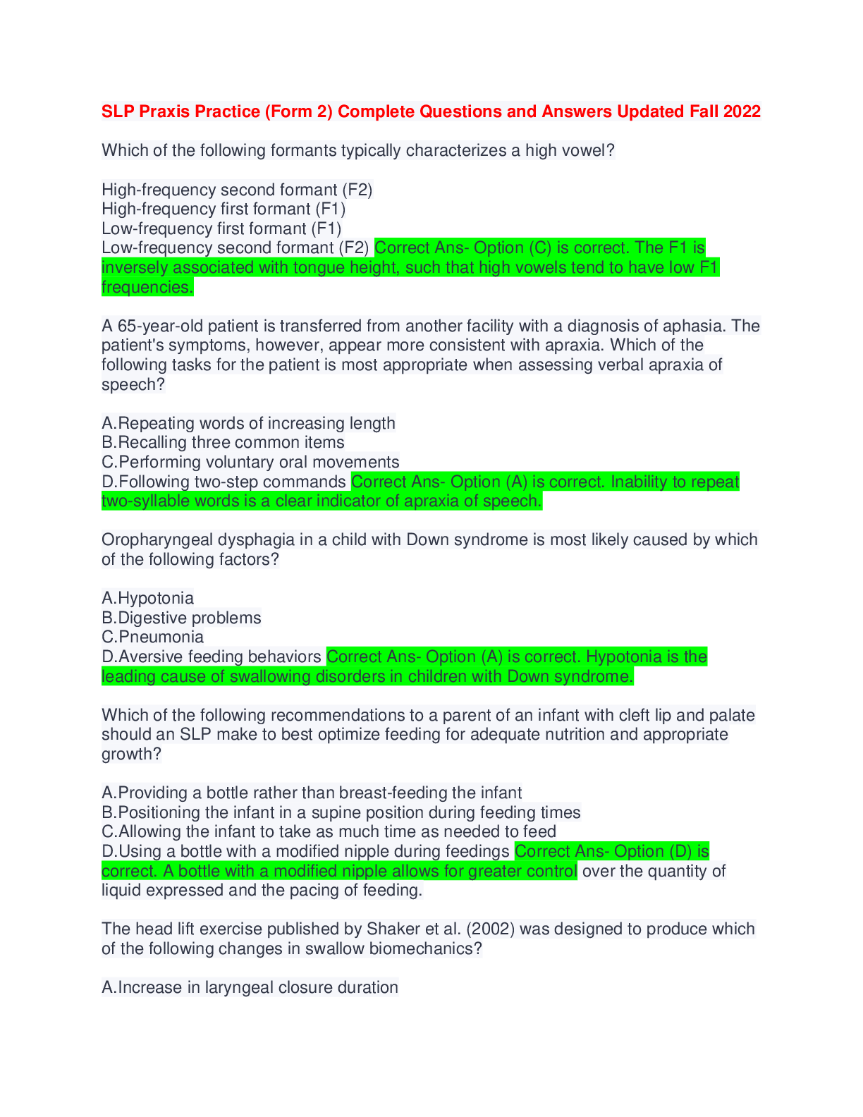 SLP Praxis Practice (Forms 1-3) Complete Bundled Questions and Answers ...