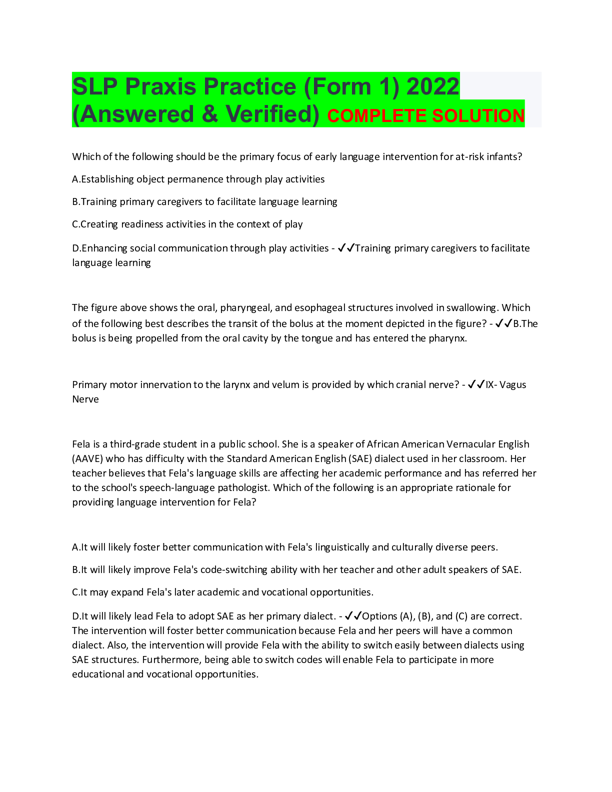 SLP Praxis Practice (Form 1) 2022 (Answered & Verified) COMPLETE ...