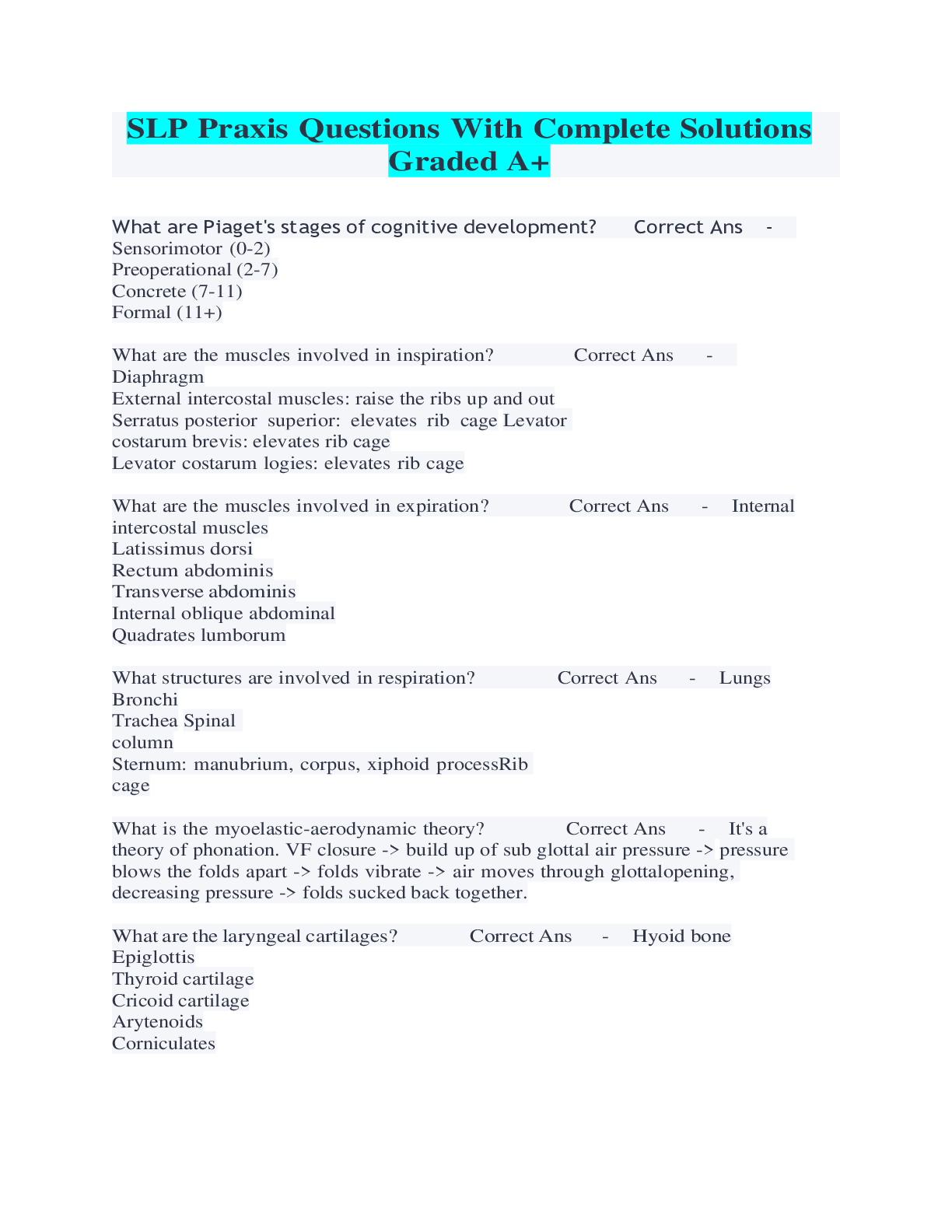 SLP Praxis Questions With Complete Solutions Graded A+ - Scholarfriends