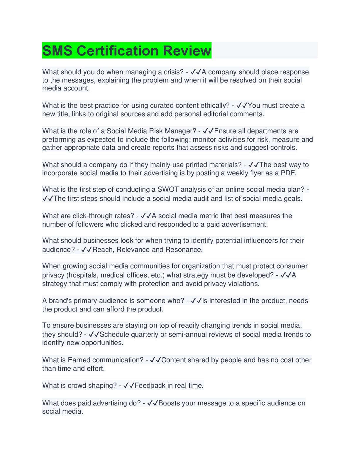 SMS Certification Review | with 100% Correct Answers - Scholarfriends