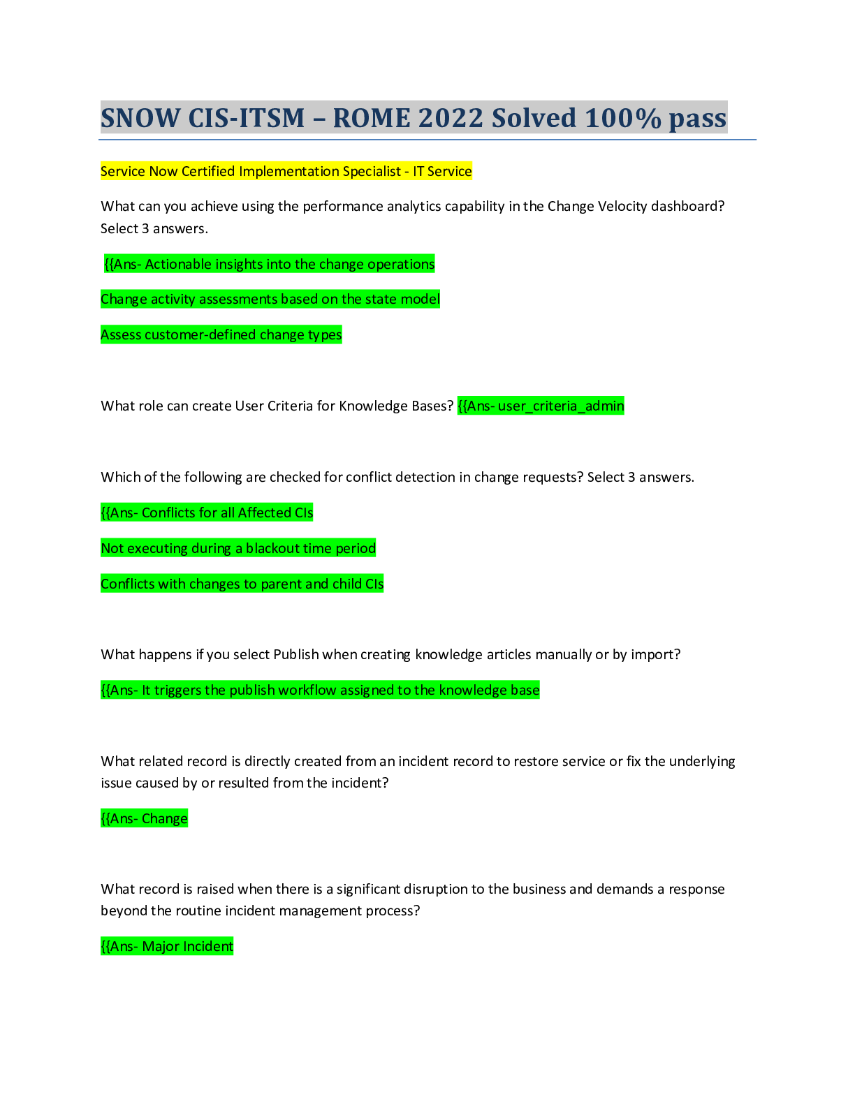 SNOW CIS-ITSM – ROME 2022 Solved 100% pass - Scholarfriends