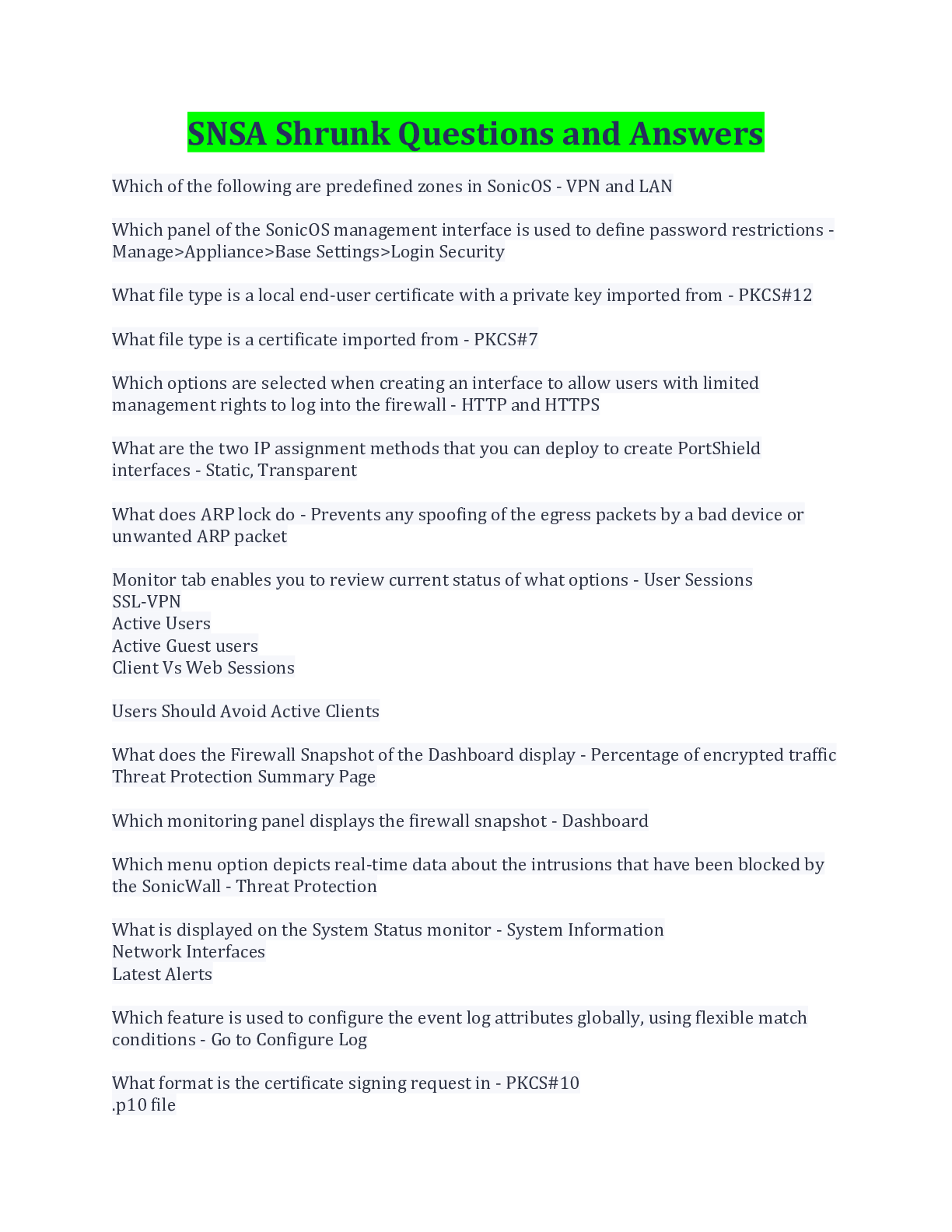 SNSA Shrunk Questions and Answers Latest Update/ Download - Scholarfriends