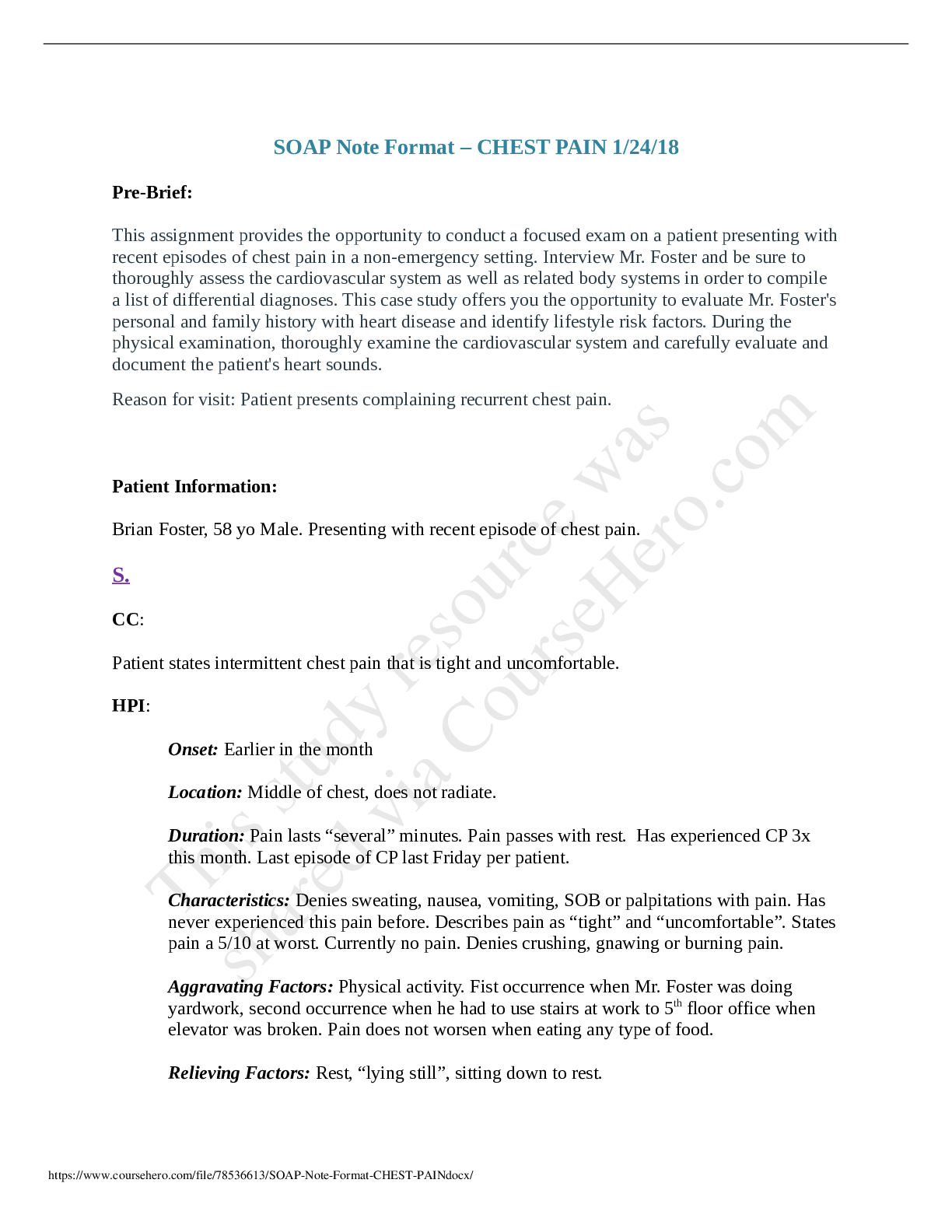 SOAP Note Format CHEST PAIN – Scholarfriends - Scholarfriends