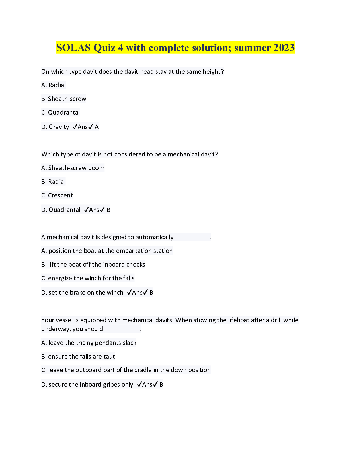 SOLAS Quiz 4 with complete solution; summer 2023 - Scholarfriends