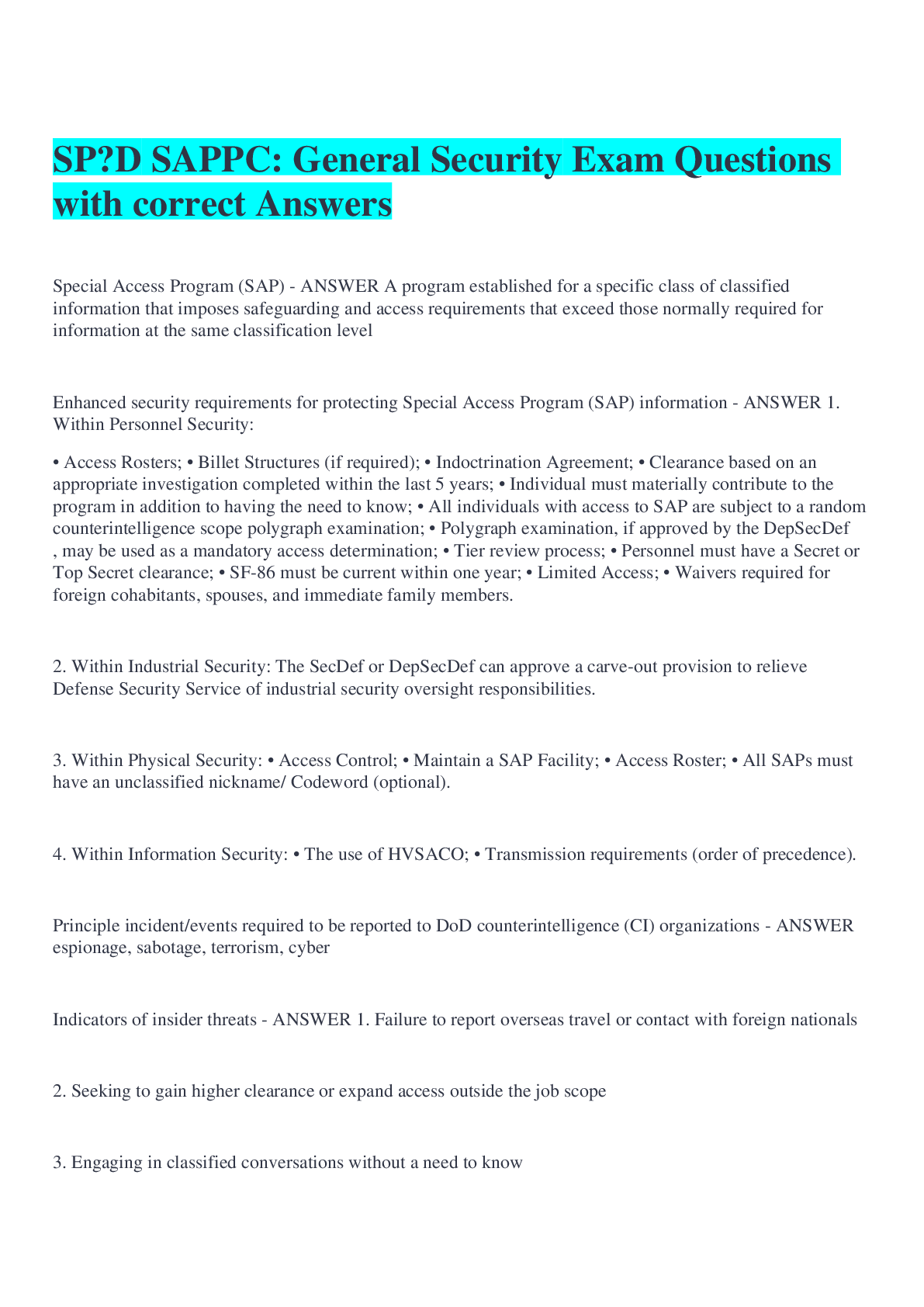 SPēD SAPPC: General Security Exam Questions with correct Answers ...