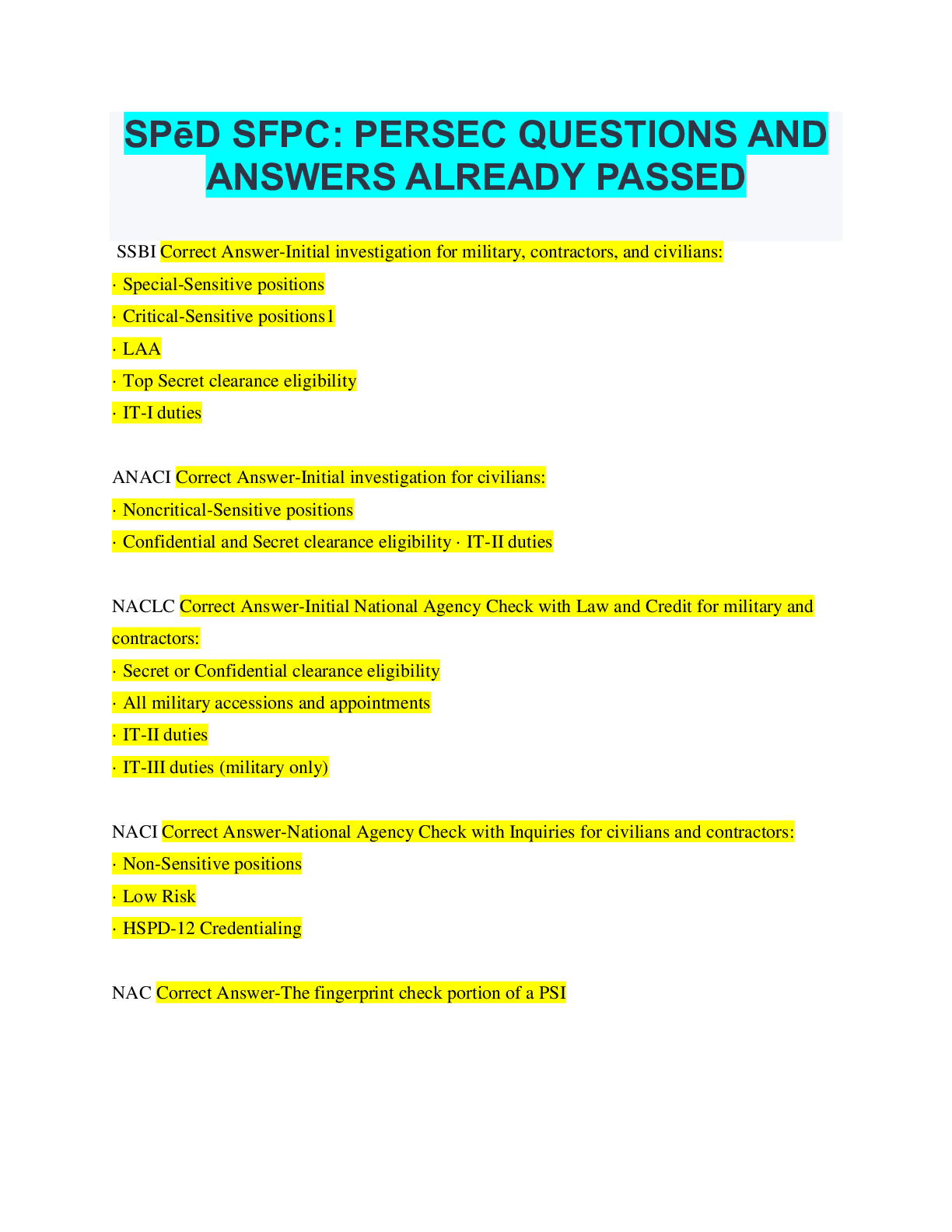 SPēD SFPC: PERSEC QUESTIONS AND ANSWERS ALREADY PASSED - Scholarfriends