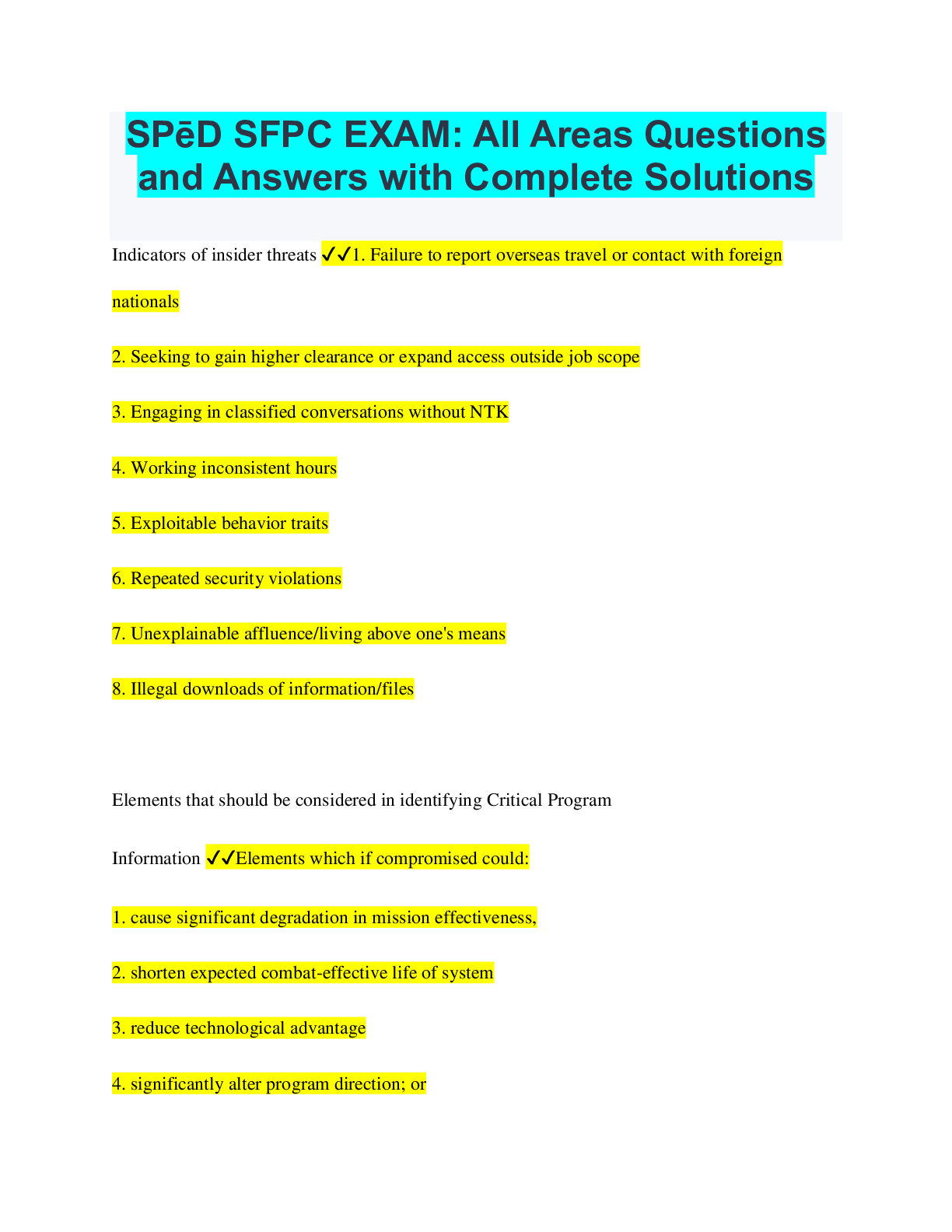 SPēD SFPC EXAM: All Areas Questions and Answers Already Passed ...