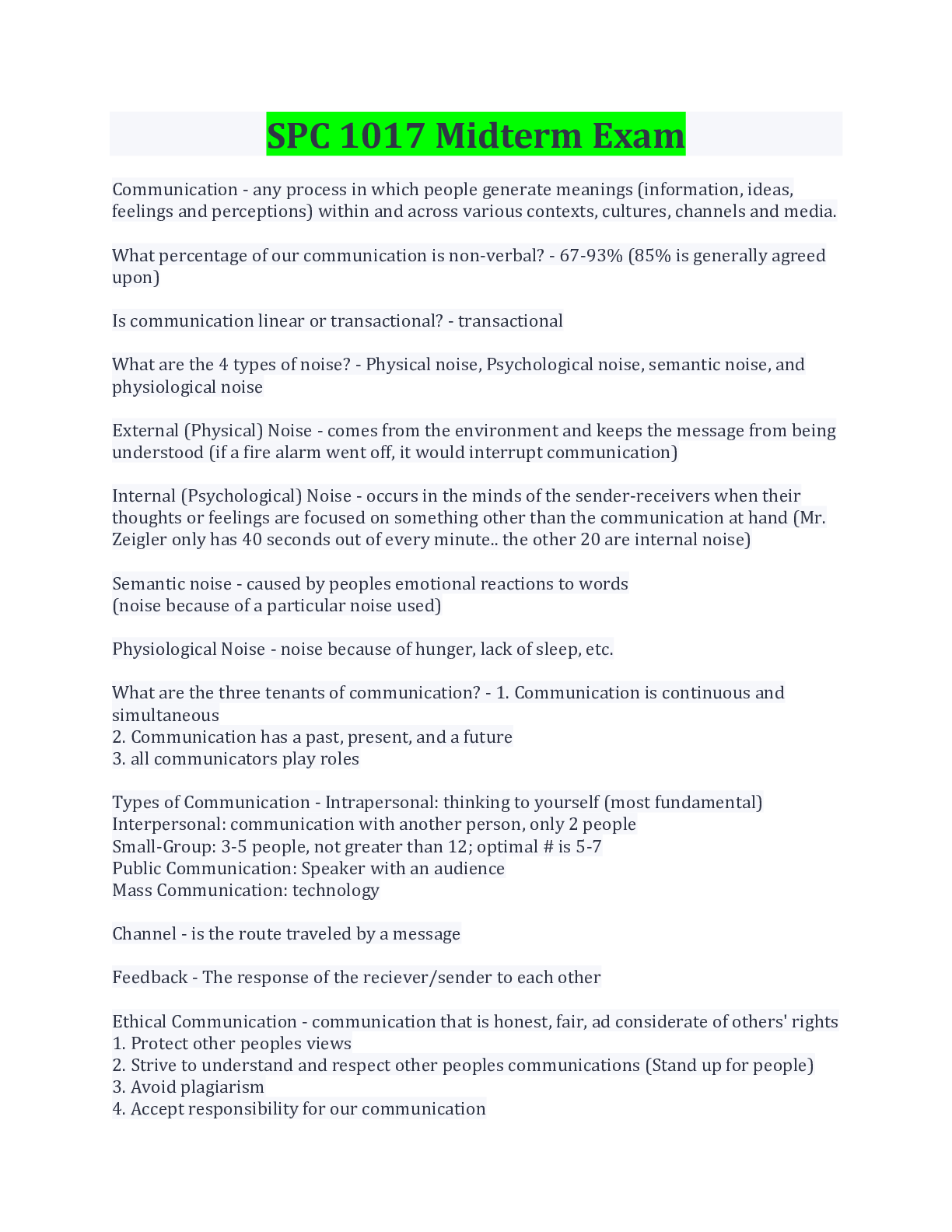 SPC 1017 Midterm Exam Questions And Answers Latest Update - Scholarfriends