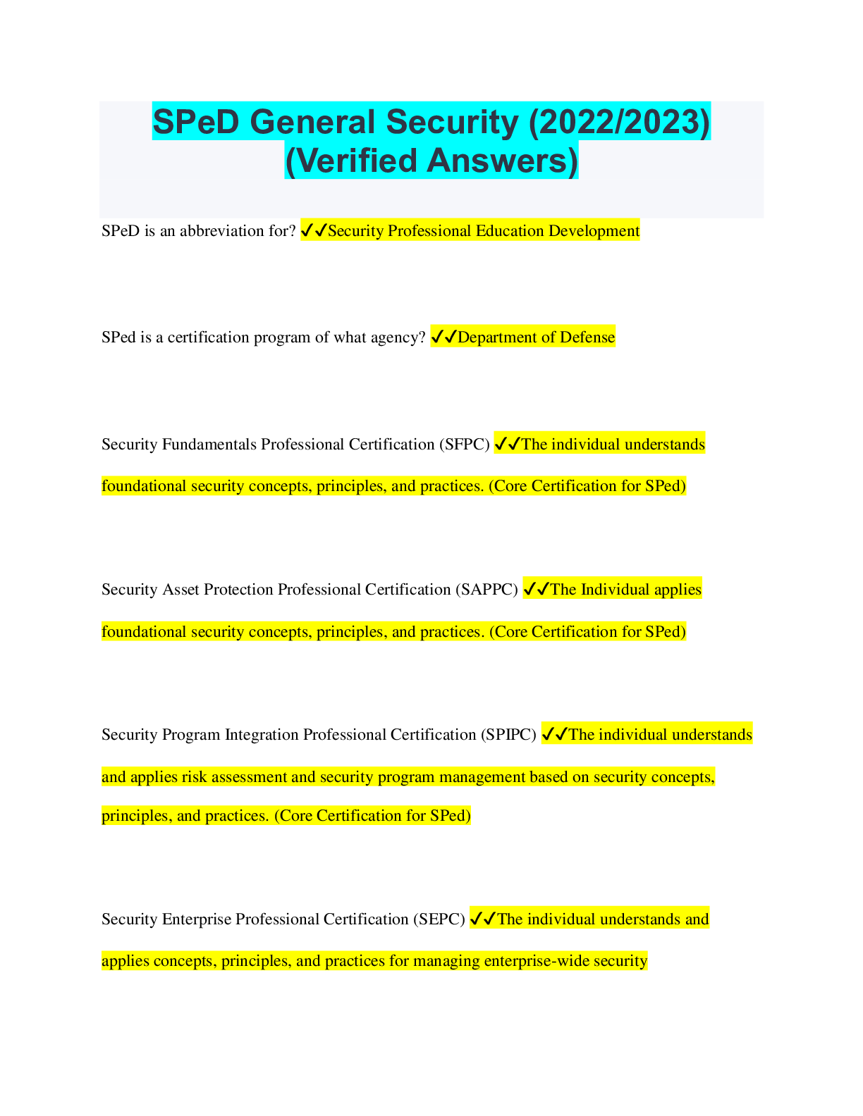 SPeD General Security (2022/2023) (Verified Answers) - Scholarfriends