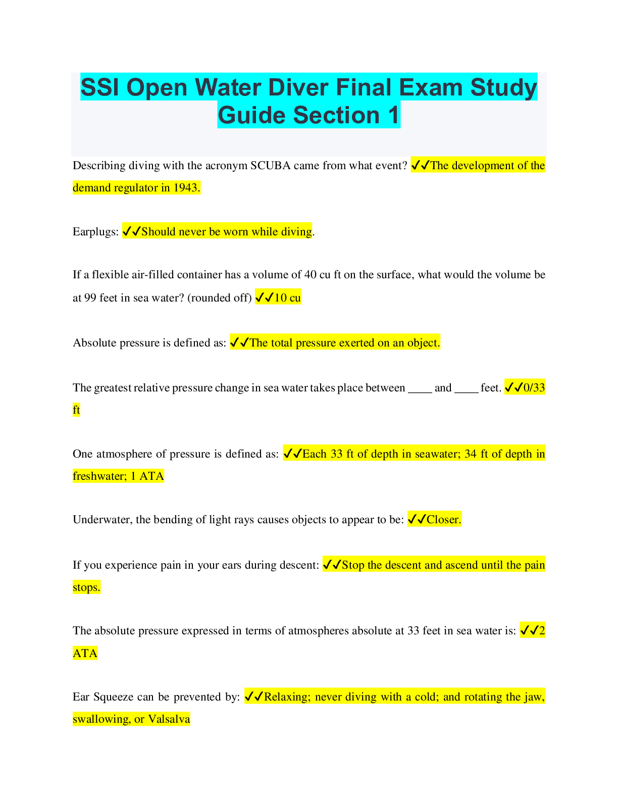 SSI Open Water Diver Final Exam Study Guide Section 1 - Scholarfriends