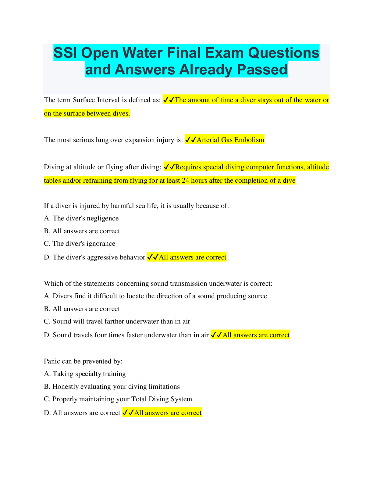 SSI Open Water Final Exam Questions and Answers Already Passed ...