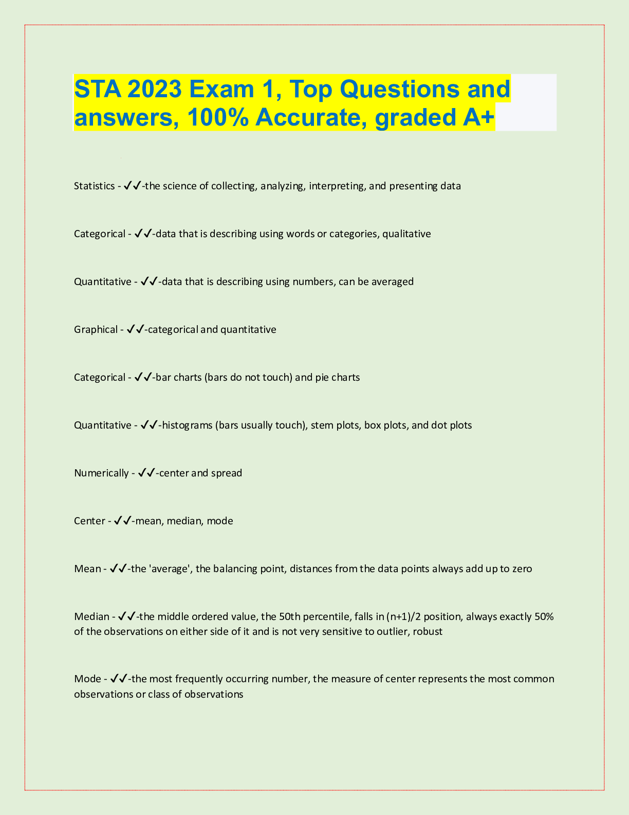 STA 2023 Exam 1, Top Questions and answers, 100% Accurate, graded A+ ...