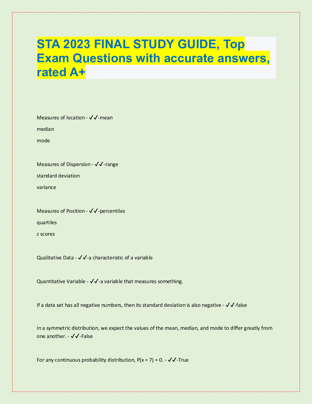 STA 2023 FINAL STUDY GUIDE, Top Exam Questions with accurate answers ...