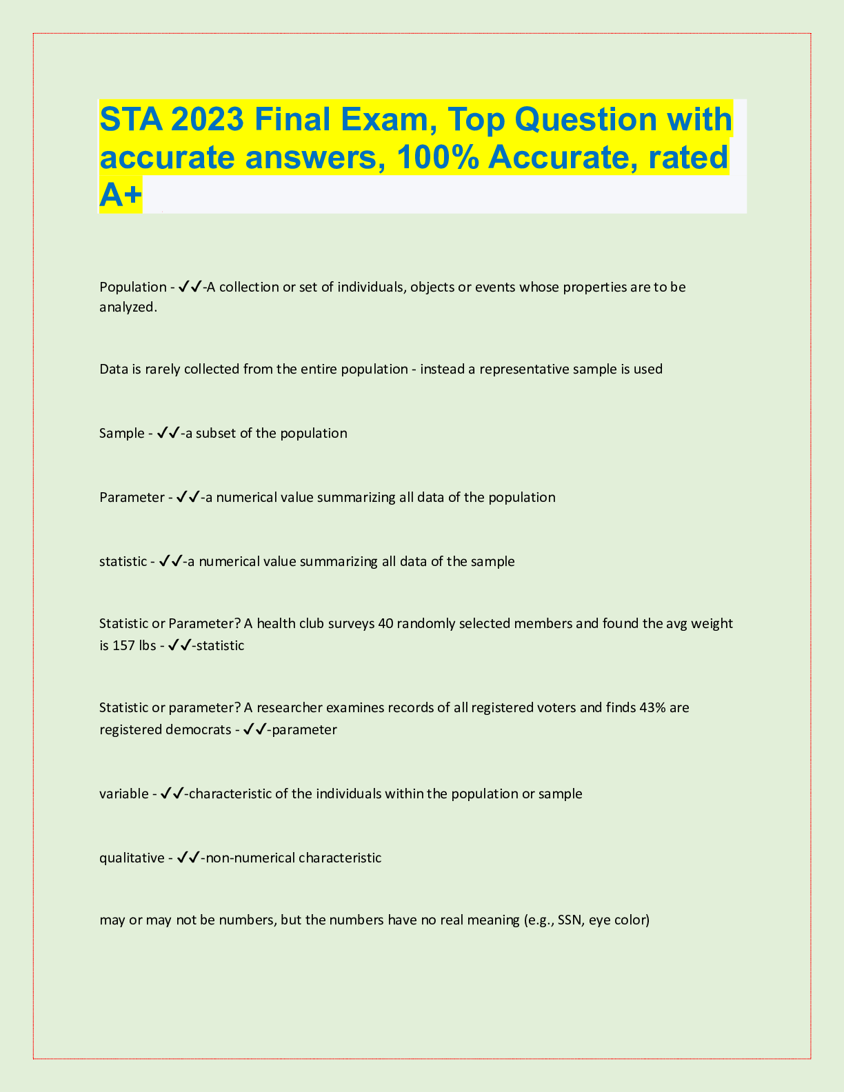 STA 2023 Final Exam, Top Question with accurate answers, 100% Accurate ...