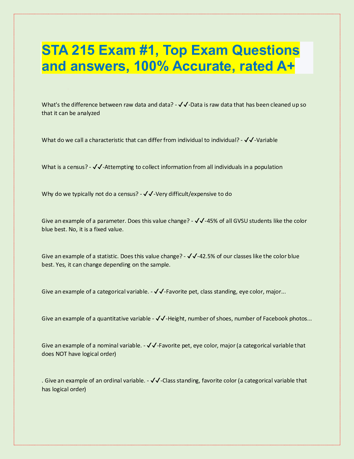 STA 215 Exam #1, Top Exam Questions and answers, 100% Accurate, rated ...