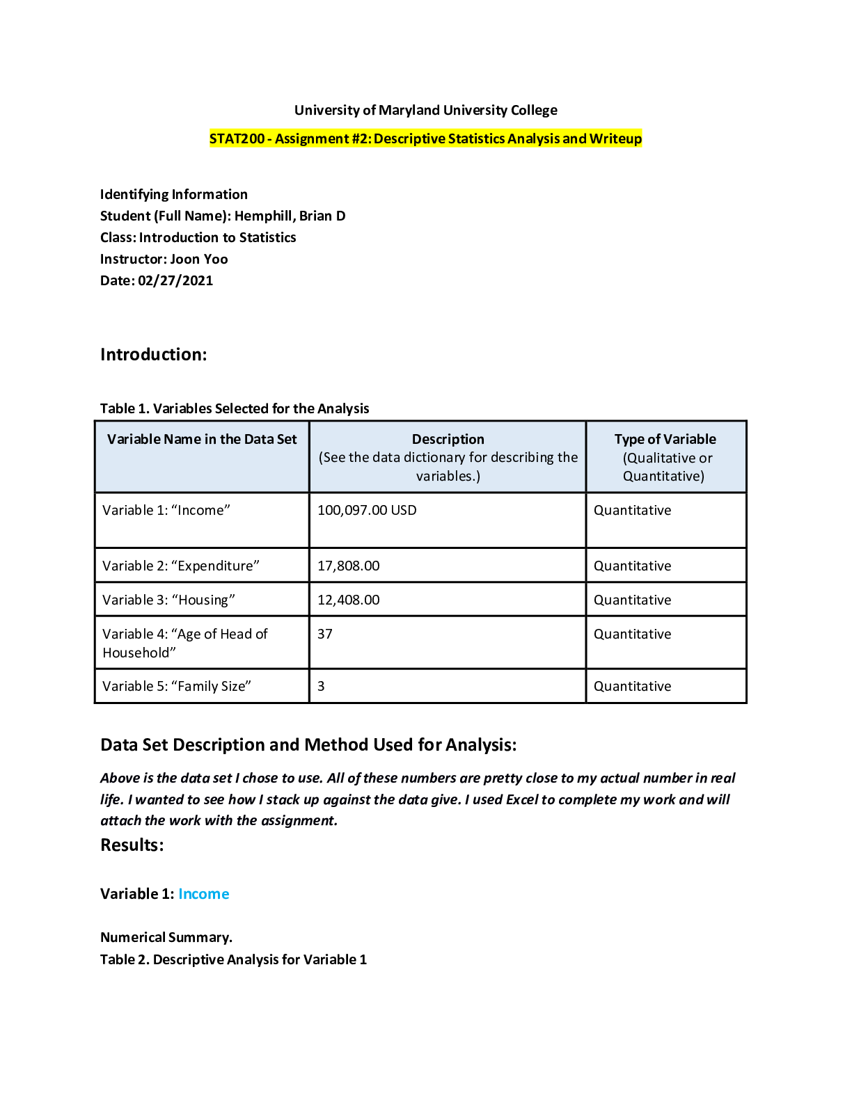 STAT200 - Assignment 2 Descriptive Statistics Data Analysis Plan ...