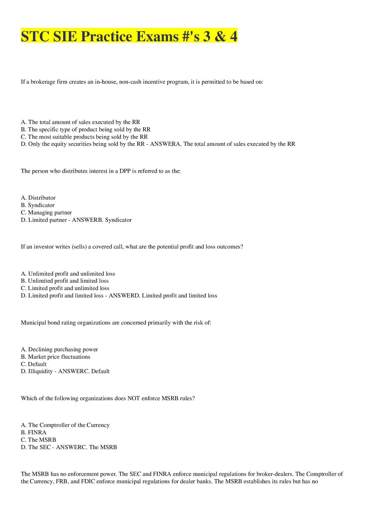 STC SIE Practice Exams #'s 3 & 4 (QUESTIONS AND ANSWERS ) 2022/2023 ...