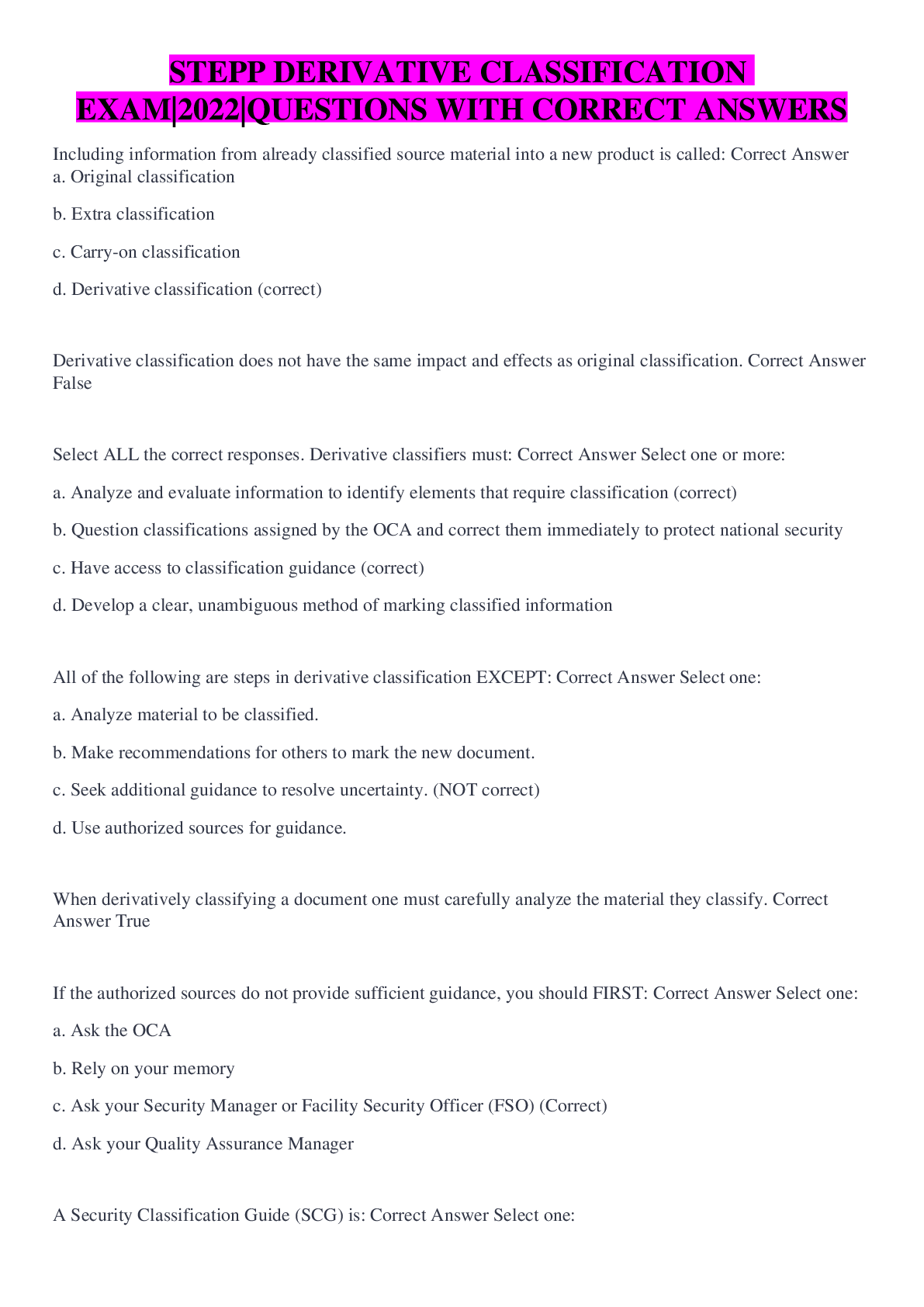 STEPP DERIVATIVE CLASSIFICATION EXAM|2022|QUESTIONS WITH CORRECT ...