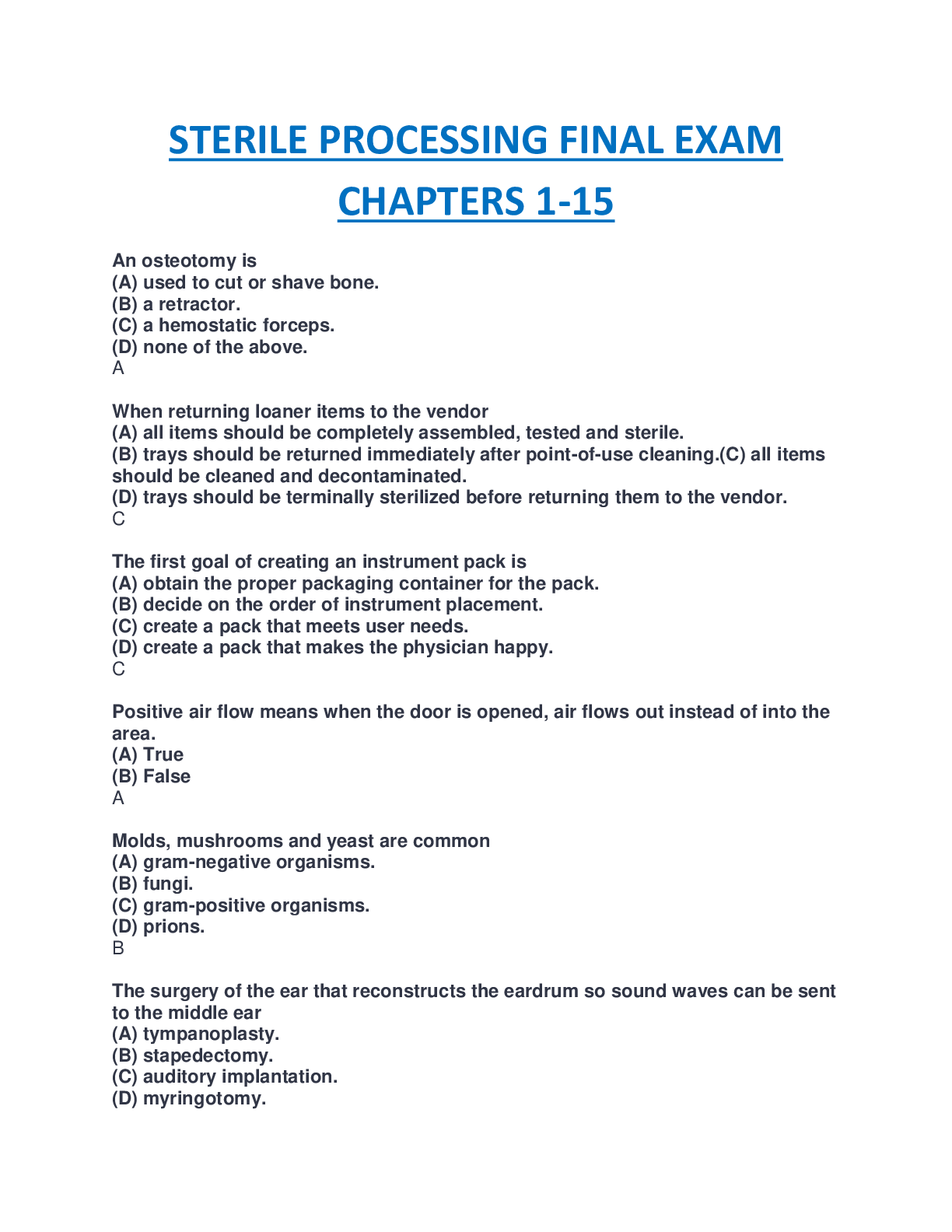 STERILE PROCESSING FINAL EXAM TEST CHAPTER 1-15, COMPLETE GUIDE ...