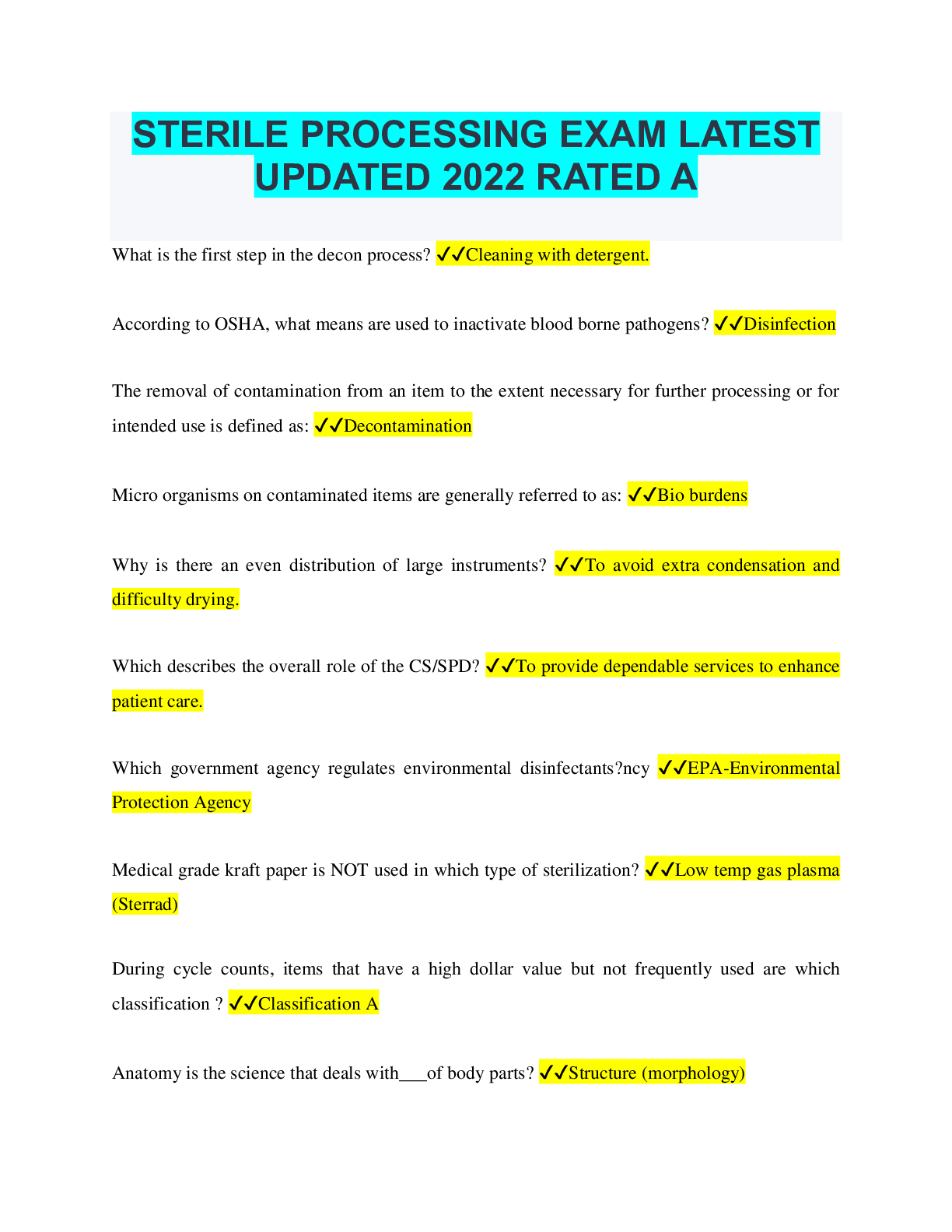 STERILE PROCESSING EXAM LATEST UPDATED 2022 RATED A – Scholarfriends ...