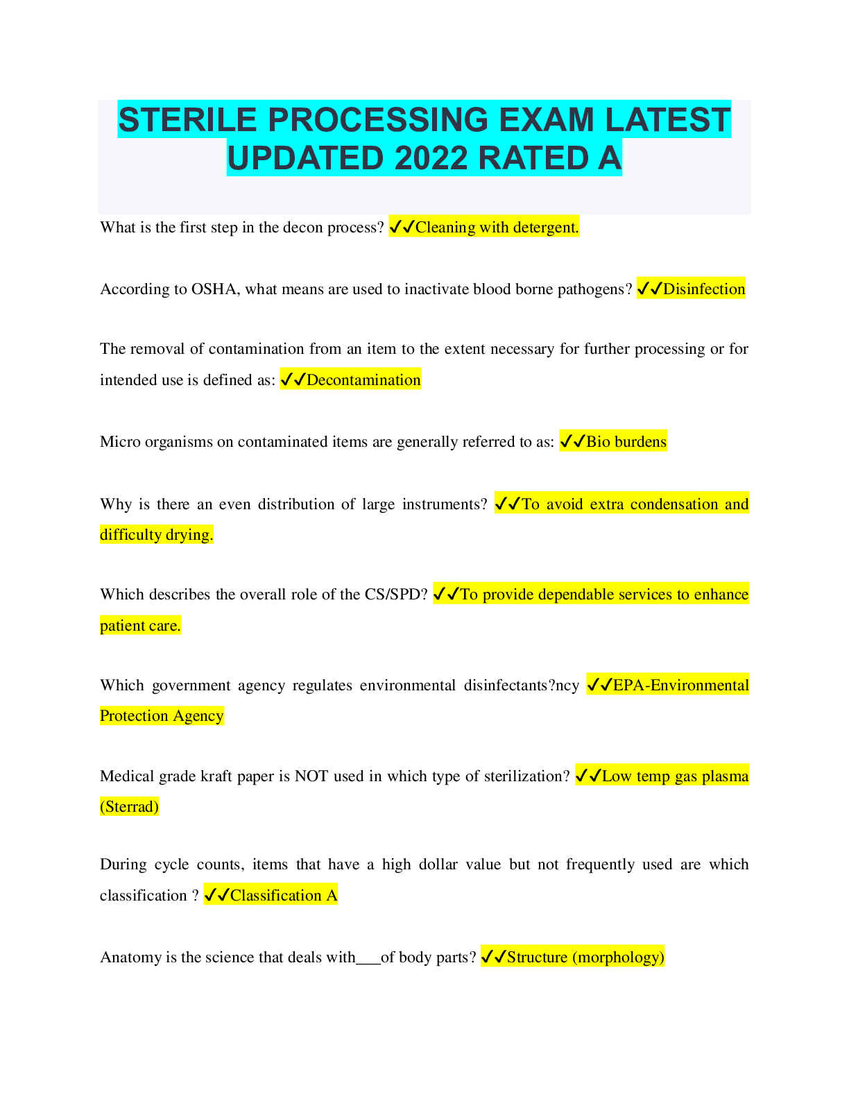 STERILE PROCESSING EXAM LATEST UPDATED 2022 RATED A. 2022/2023 updates ...